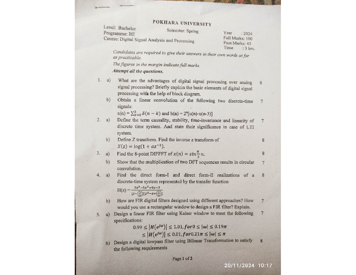 Digital Signal Analysis and Processing (DSP) Past Questions - POKHARA ...
