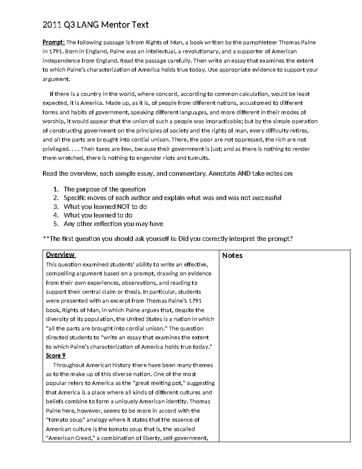 2011 Q3 LANG Essay Analysis on Paine's Rights of Man Argument - Studocu