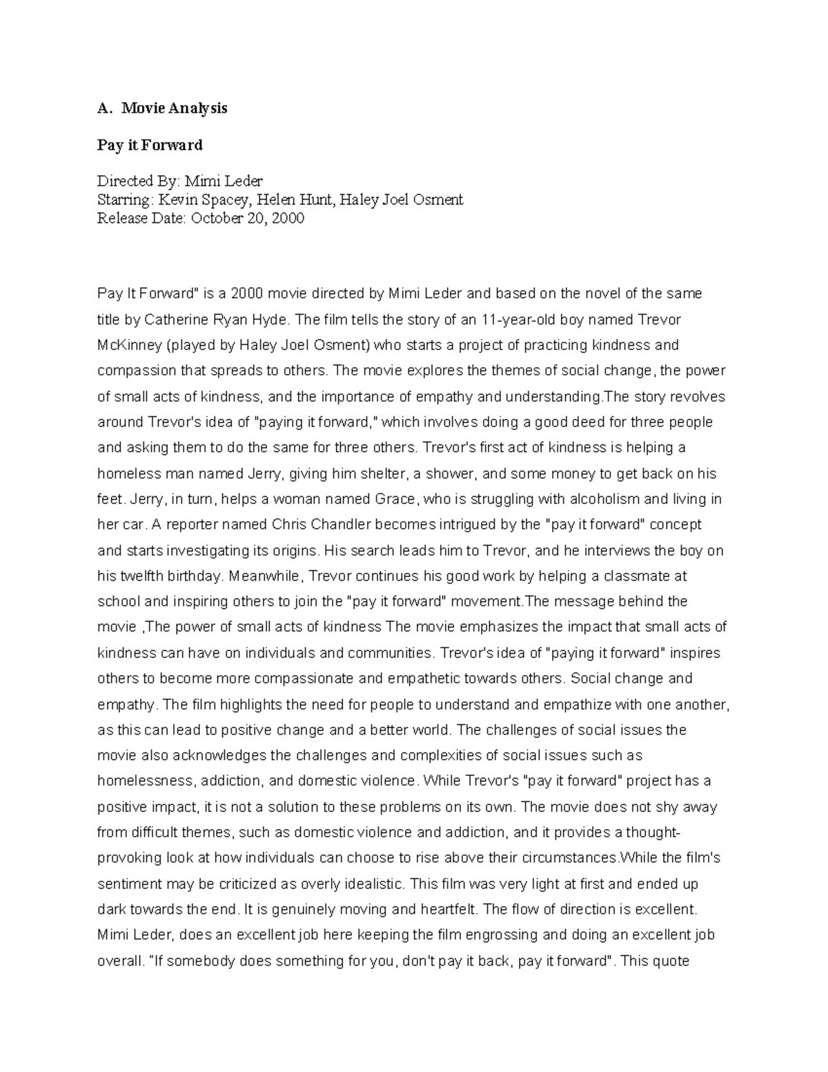 Movie Analysis: Pay It Forward - Insights & Themes Explained - Studocu