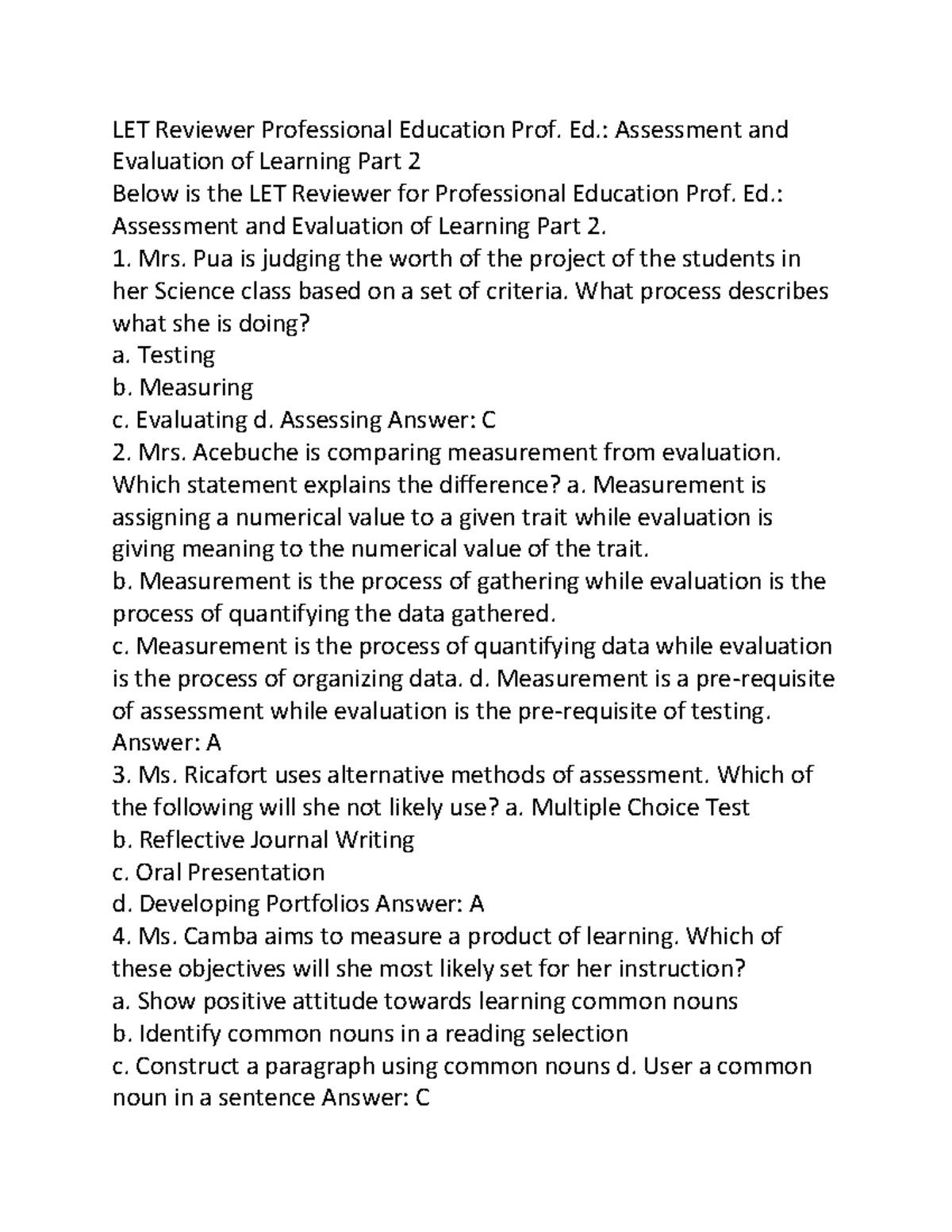LET Reviewer: Assessment and Evaluation of Learning Part 2 - Studocu