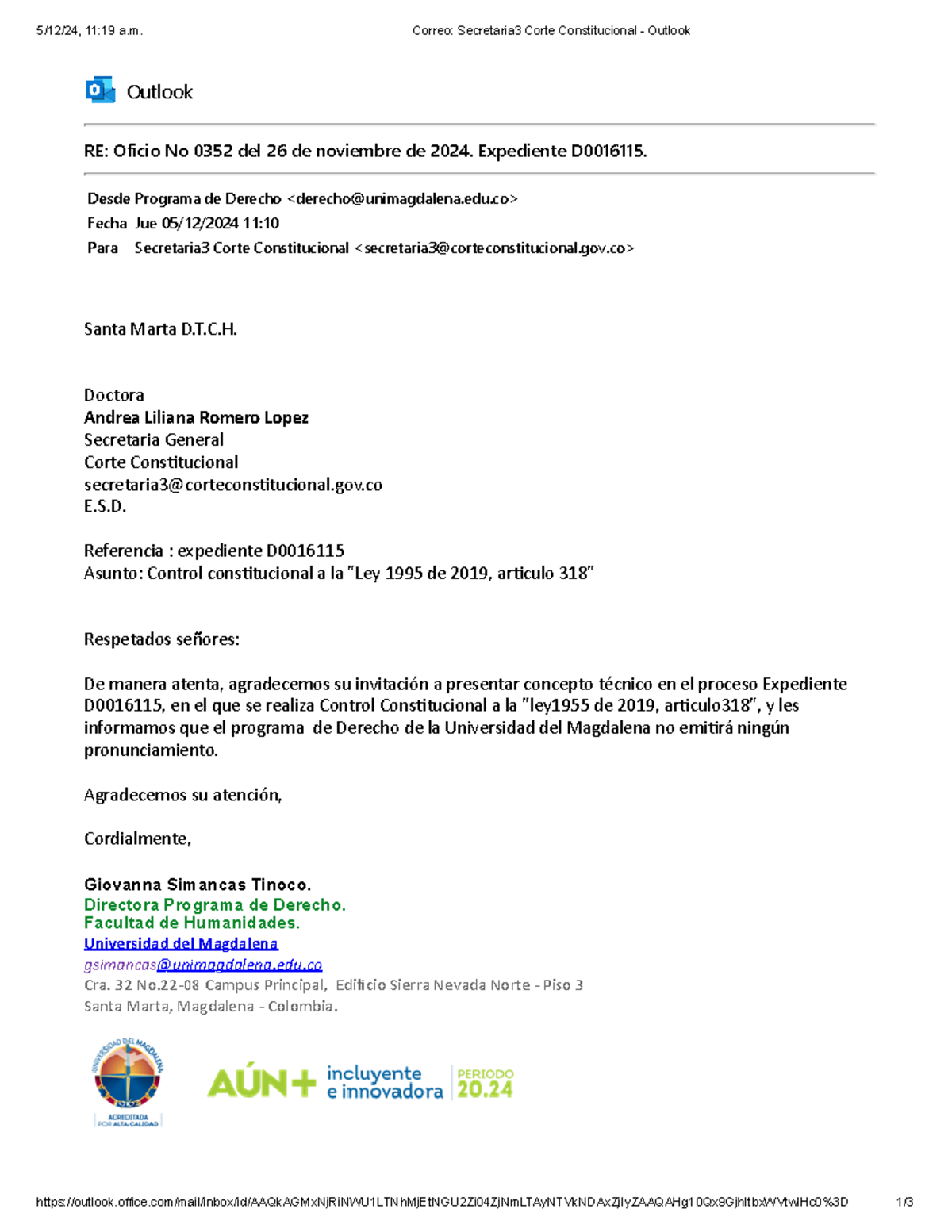 DNP - Se recibe escrito remitido por la Universidad de Magdalena en ...