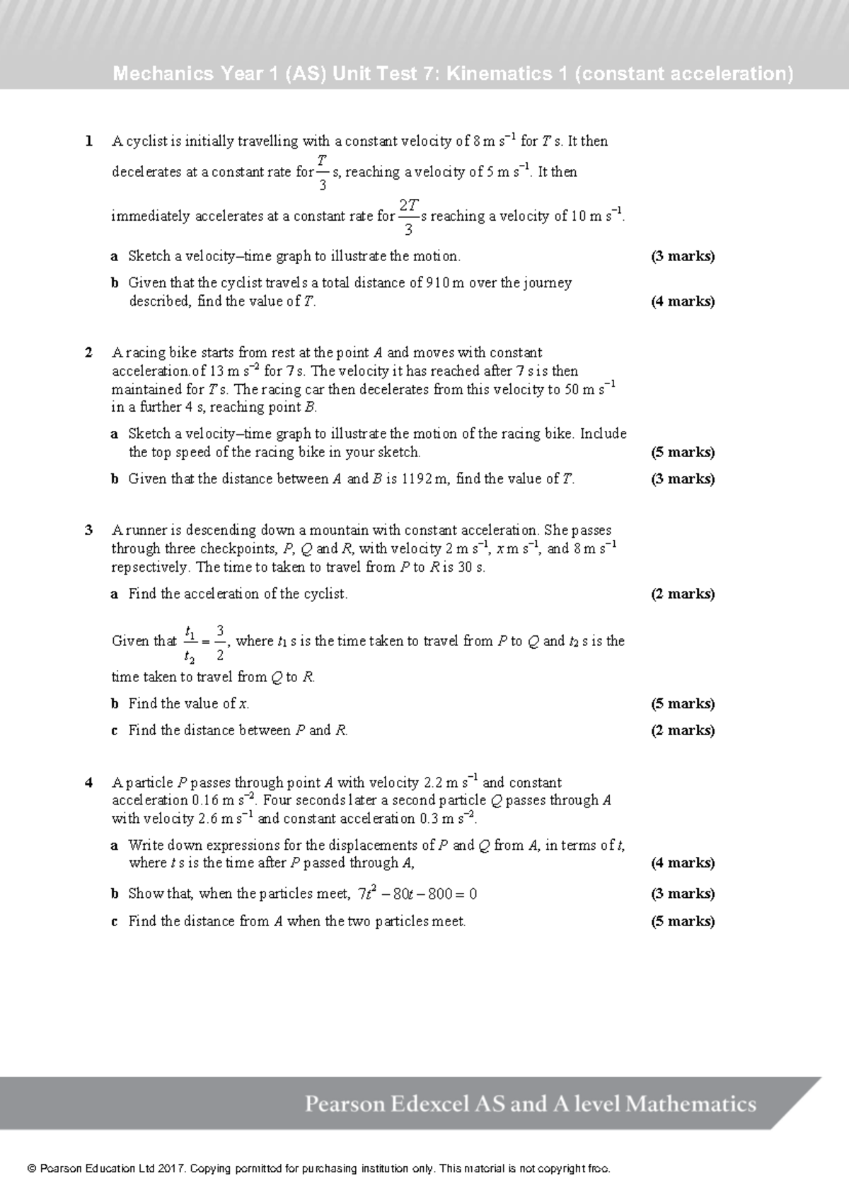 Kinematics 1 (AS) Unit Test 7: Mechanics & Motion Analysis - Studocu