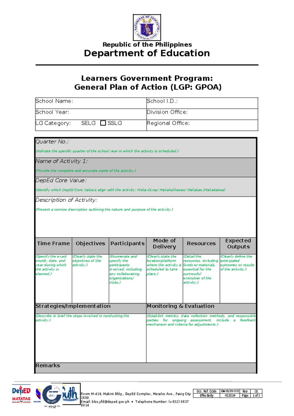 LGP-GPOA-Template: General Plan of Action for Learners' Activities - Studocu