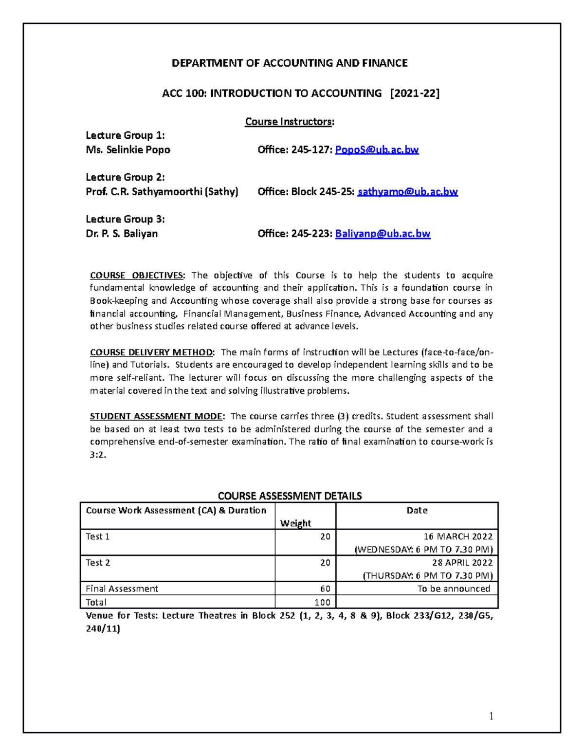 ACC 100 Course Outline. - DEPARTMENT OF ACCOUNTING AND FINANCE ACC 100 ...