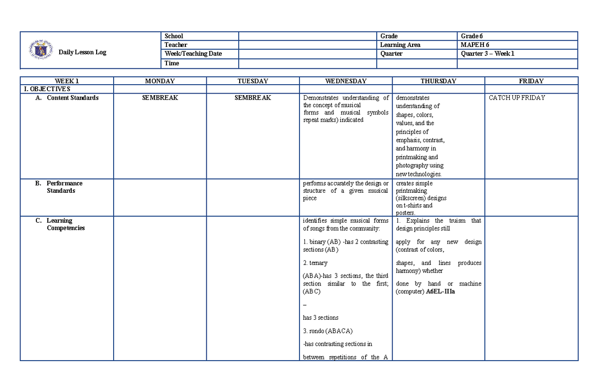 DLL MAPEH 6 Q3 W1: Understanding Musical Forms & Printmaking Skills ...