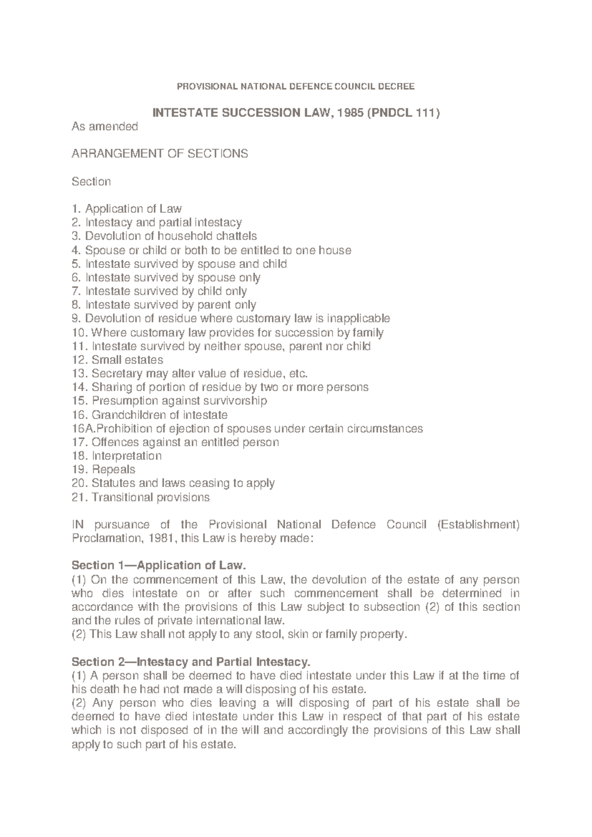 Intestate Succession Law Overview and Key Provisions (PNDCL 111) - Studocu