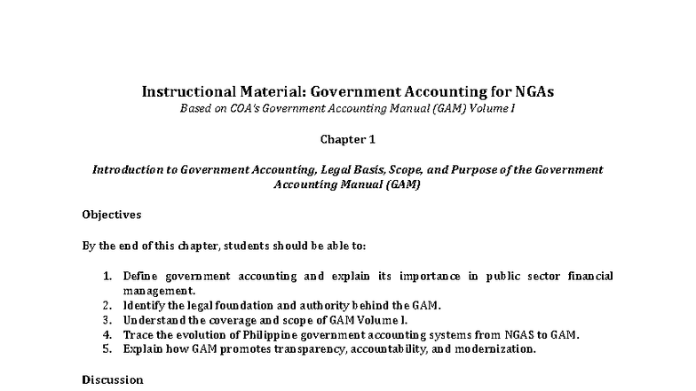 Government Accounting Instructional Material: GAM Volume I Overview ...
