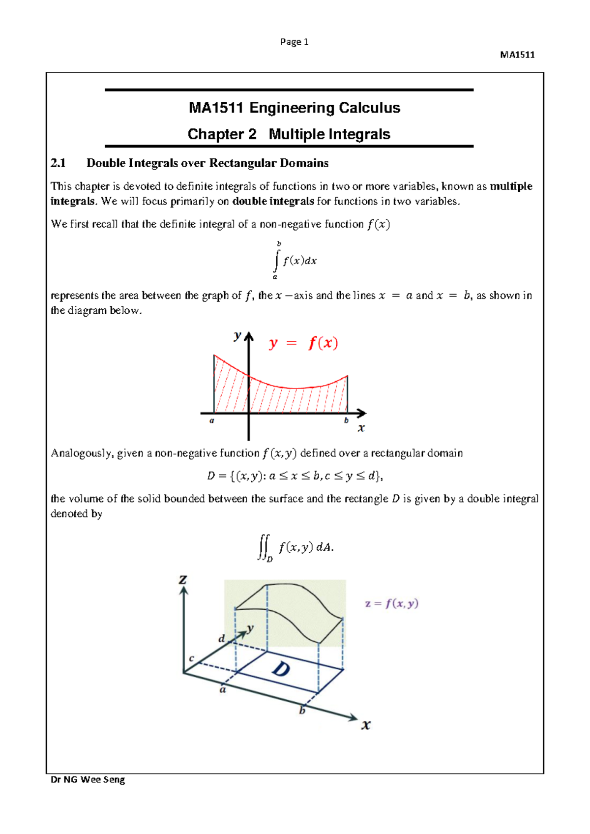 MA1511 2021s2 Chapter 2: Exploring Multiple Integrals in Calculus - Studocu