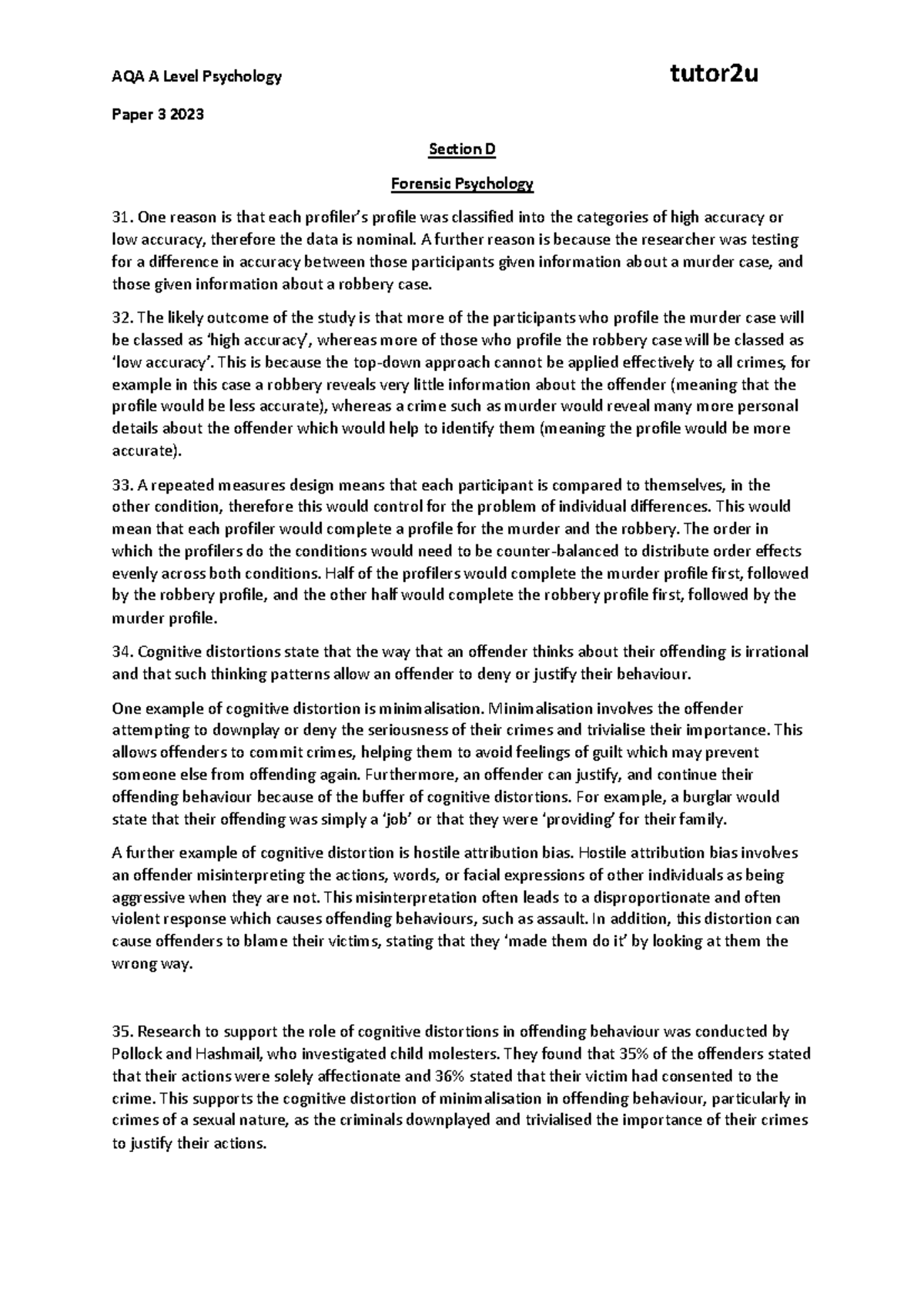 AQA A Level Psychology Paper 3 2023 Forensic Psychology Model Answers ...