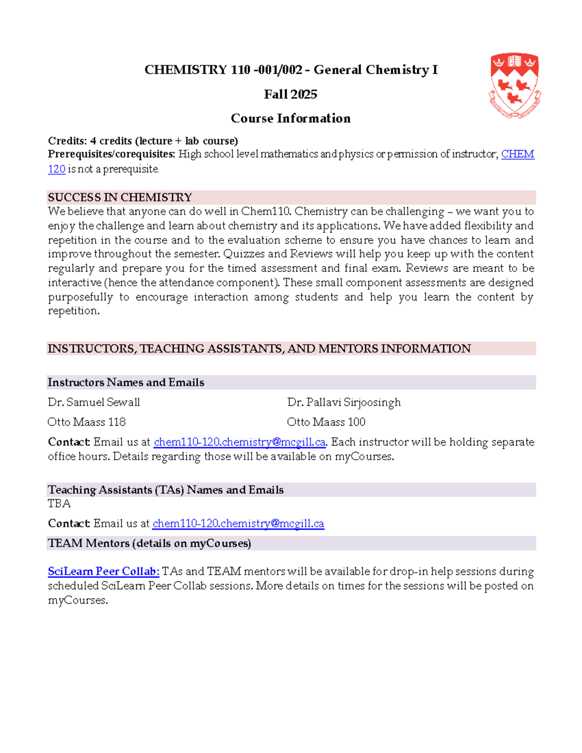 CHEM 110 F2025 General Chemistry I Course Syllabus and Info - Studocu