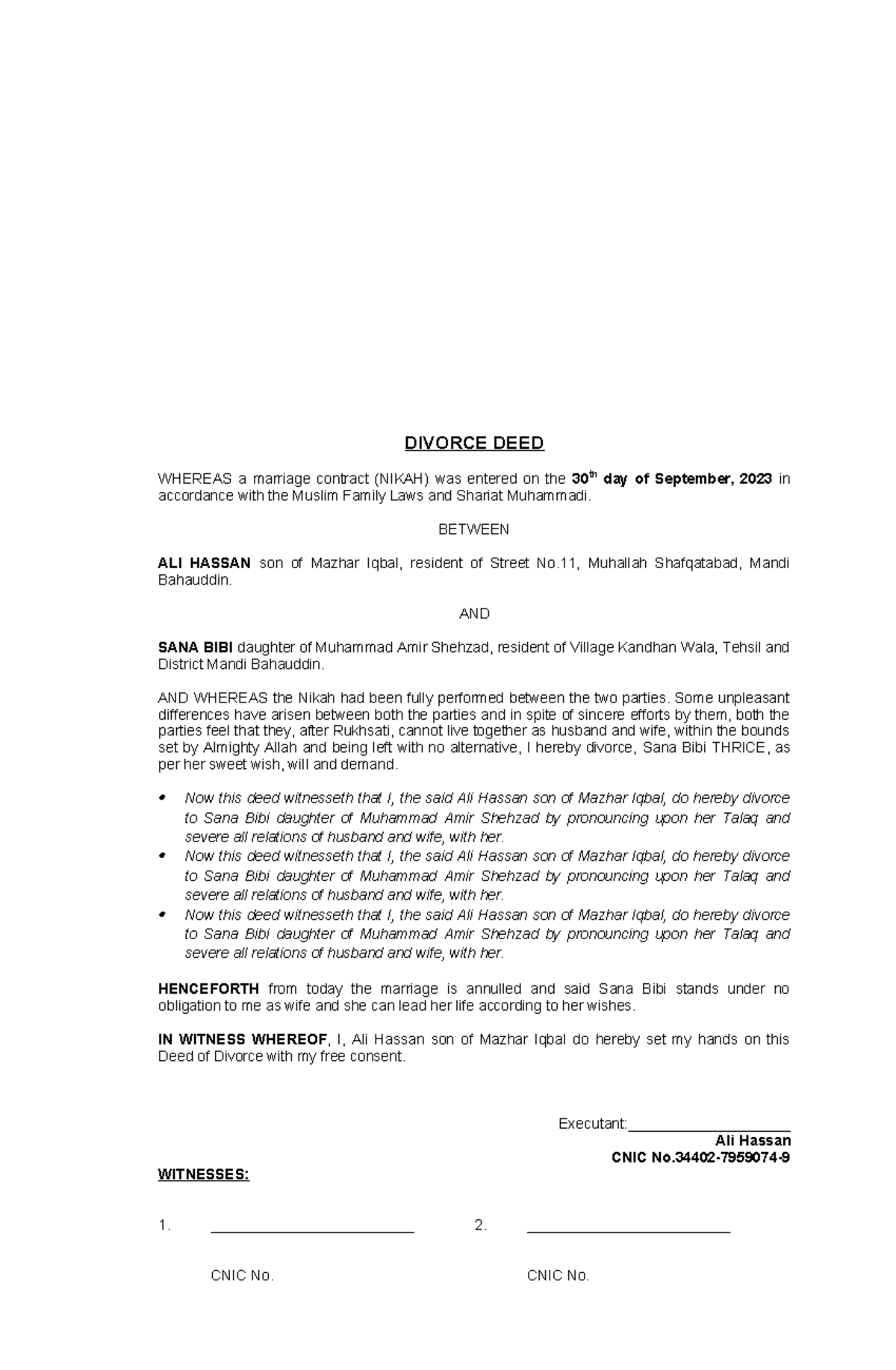 Divorce Deed: Talaq Pronouncement by Ali Hassan to Sana Bibi - Studocu