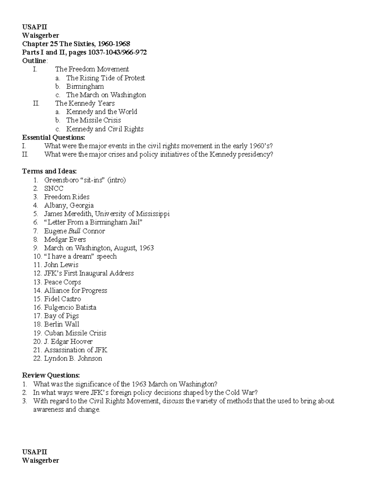 USAPII Waisgerber: Chapter 25 Study Notes - The Sixties (1960-1968 ...