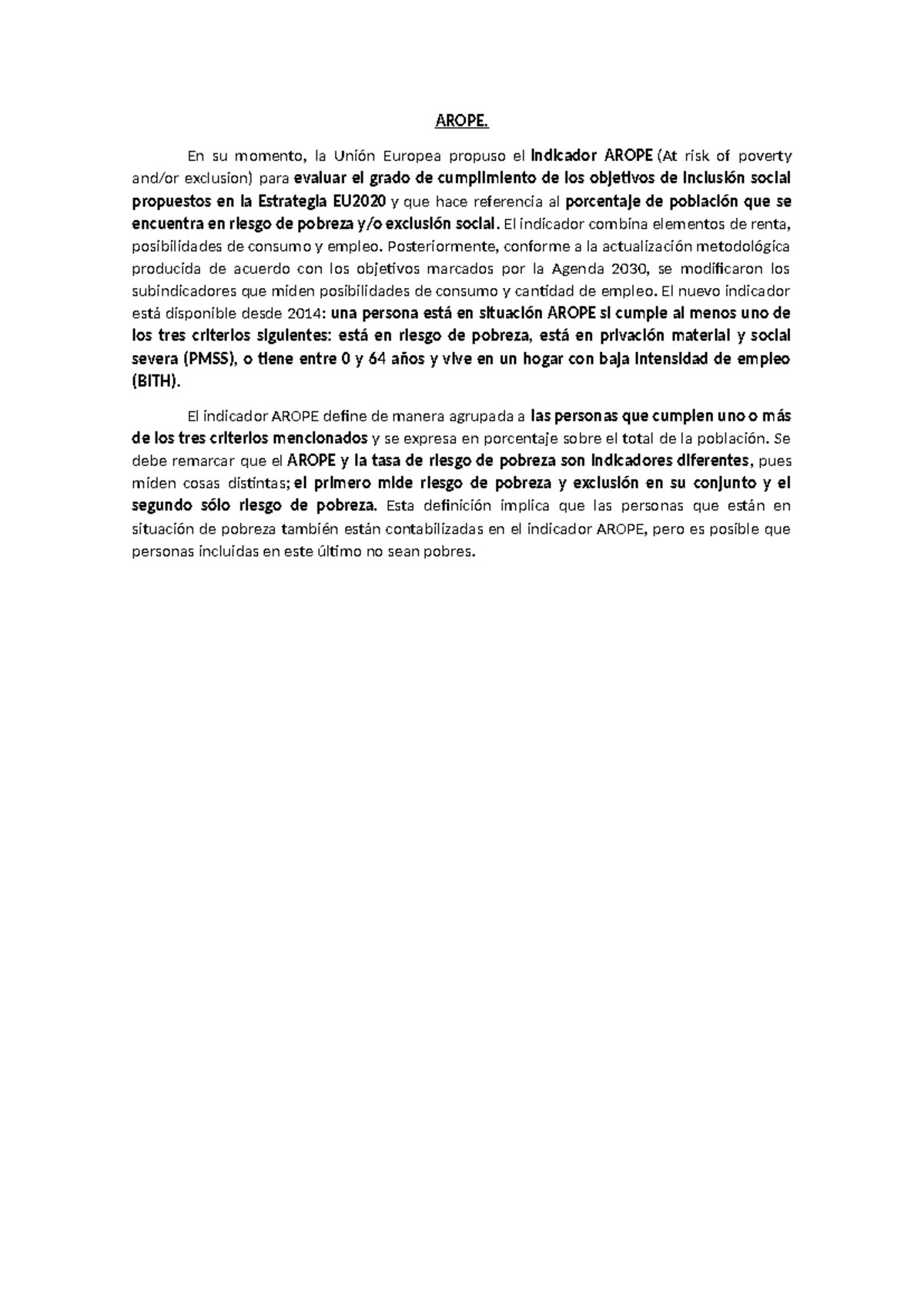 Indicador AROPE: Evaluación de Inclusión Social en la UE - Studocu