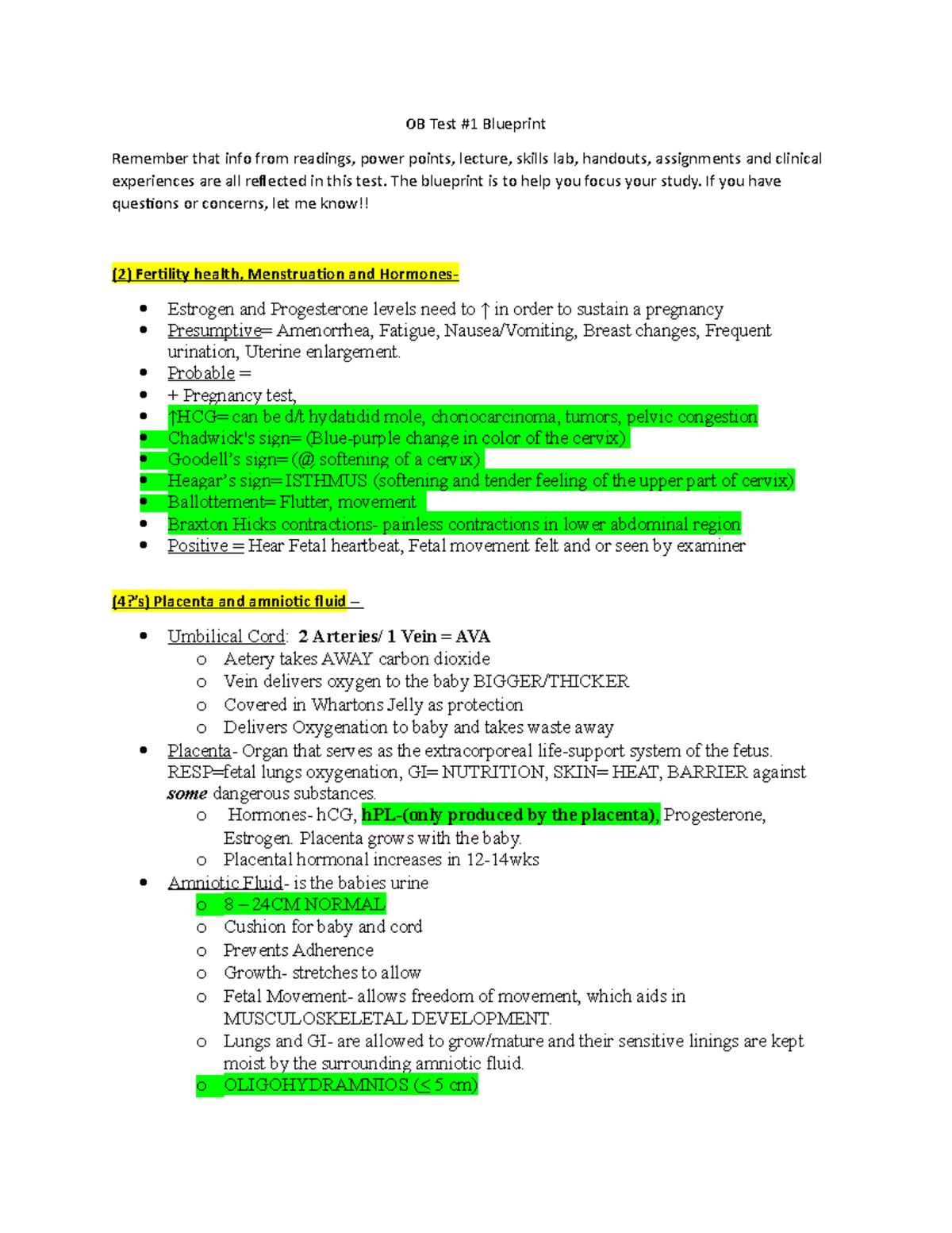 OB Test #1 Blueprint - OB Test #1 Blueprint Remember that info from ...