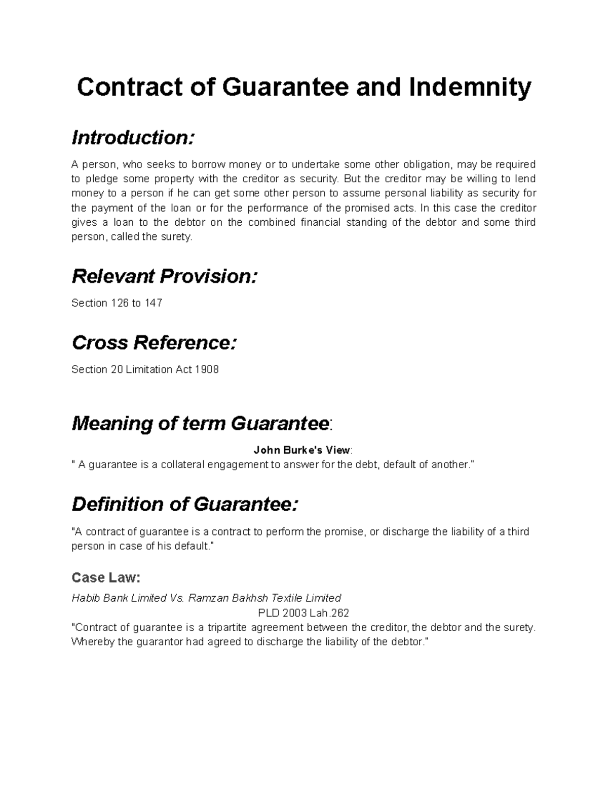 Contract of Guarantee and Indemnity: Key Concepts and Provisions - Studocu