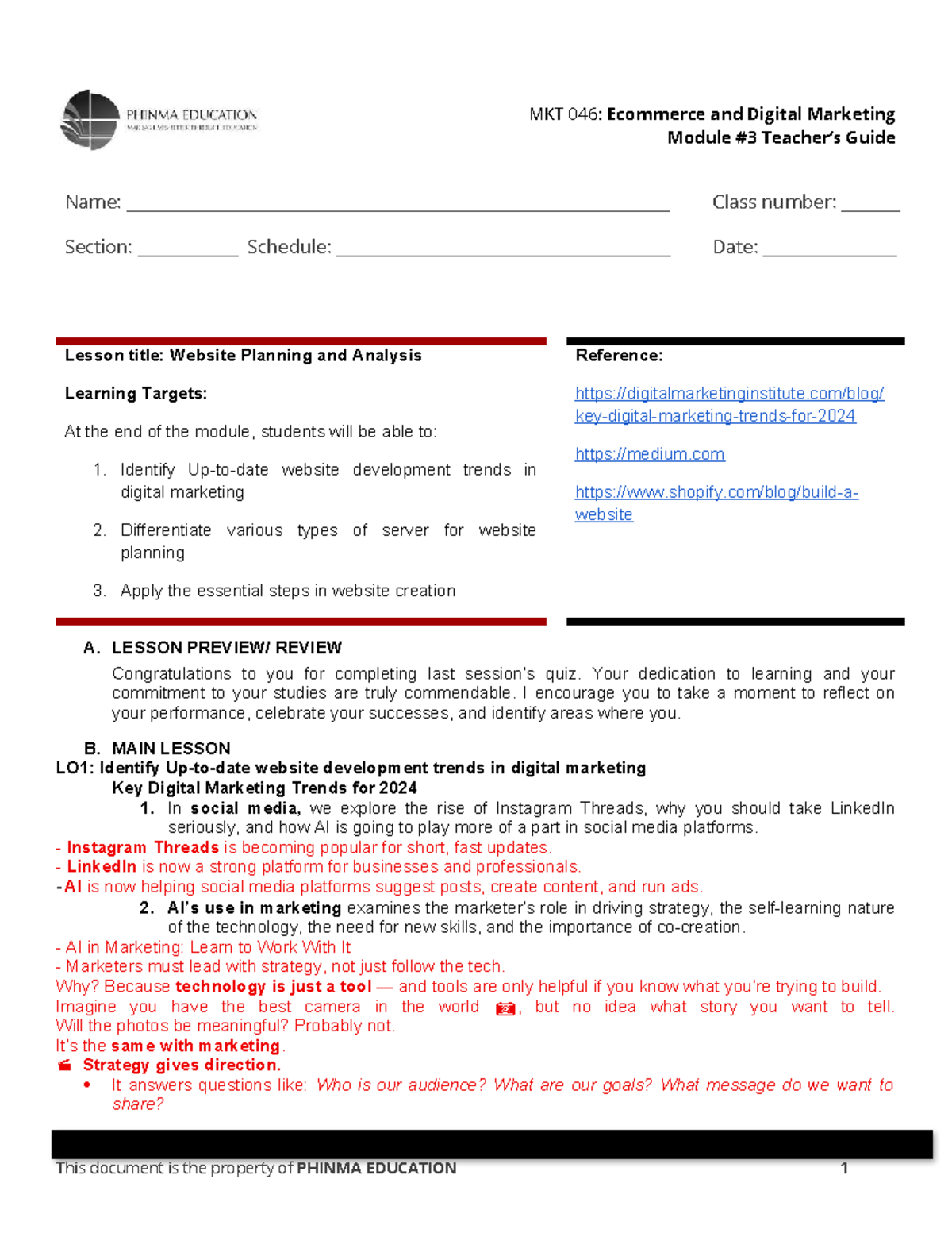 MKT 046: Ecommerce & Digital Marketing - Website Planning Lesson Guide ...