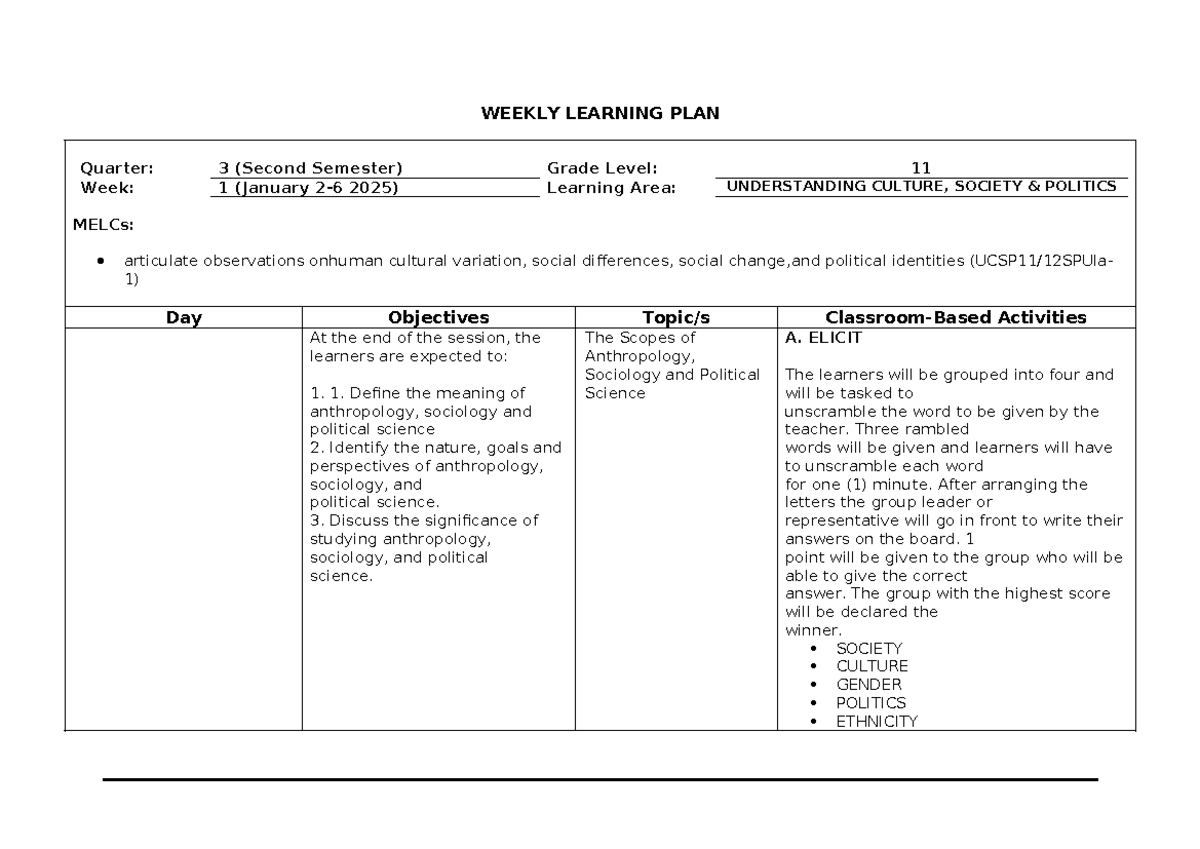 DLL UCSP - Weekly Learning Plan for UCSP 11 (Quarter 3) - Studocu