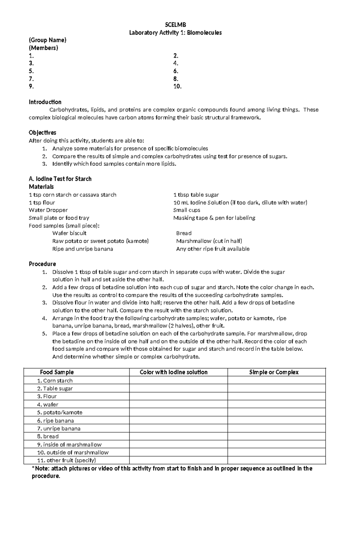 Laboratory Activity 1: Testing & Analyzing Biomolecules in SCELMB - Studocu