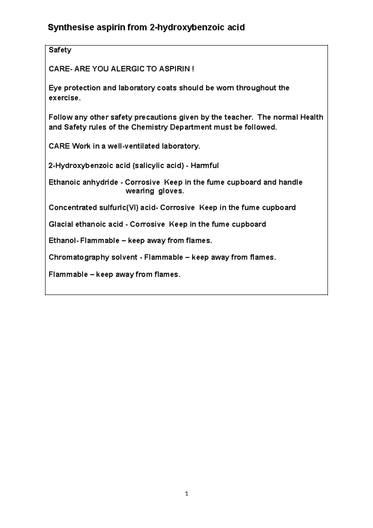 Synthesis of Aspirin - Safety Guidelines and Experimental Procedure ...