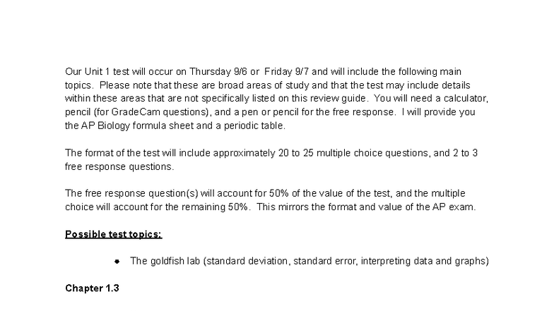 Unit 1 Test Review Guide - AP Biology 2024: Key Topics & Format - Studocu