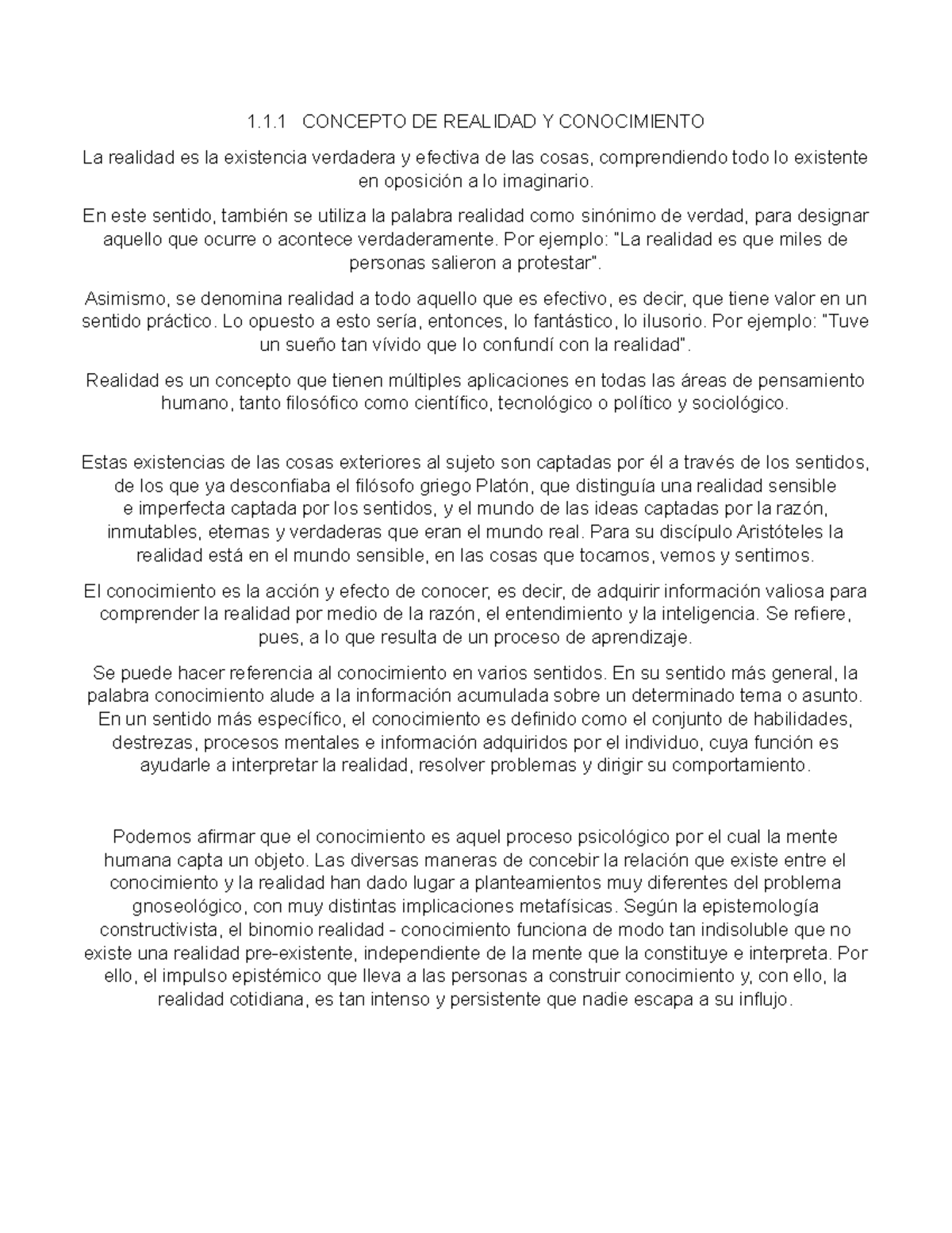Concepto DE Realidad Y Conocimiento - 1 CONCEPTO DE REALIDAD Y ...