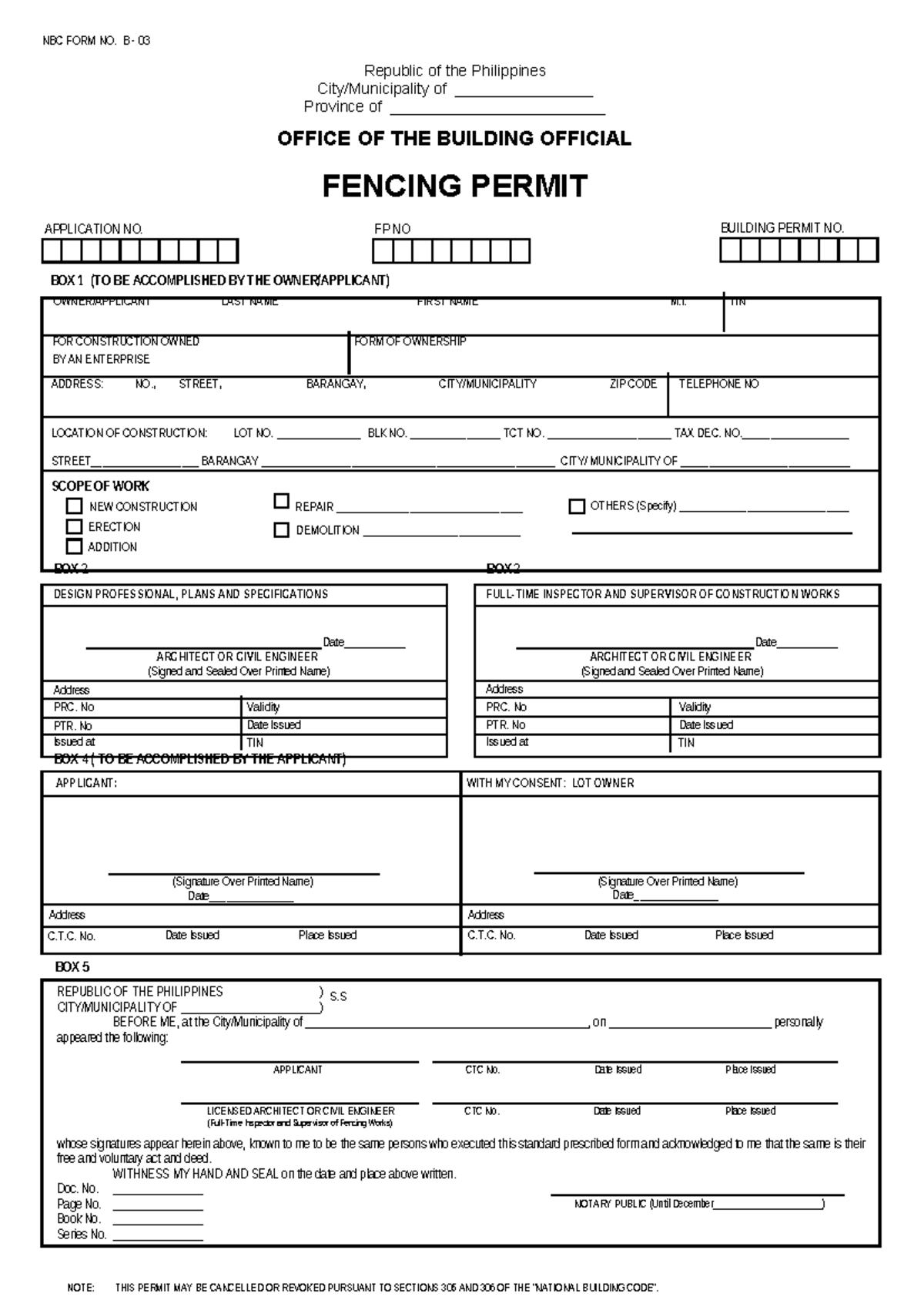 Fencing Permit Application - NBC FORM NO. B 03 - Studocu