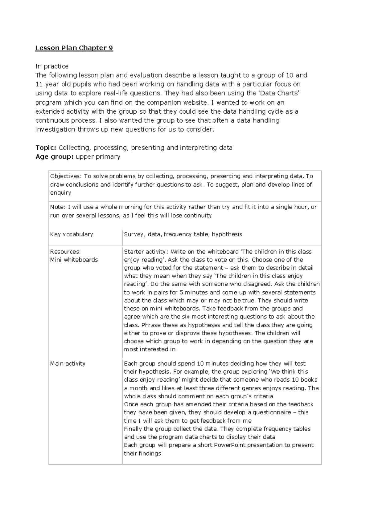 IV Grade Lesson Plan: Data Handling & Problem Solving Activities - Studocu