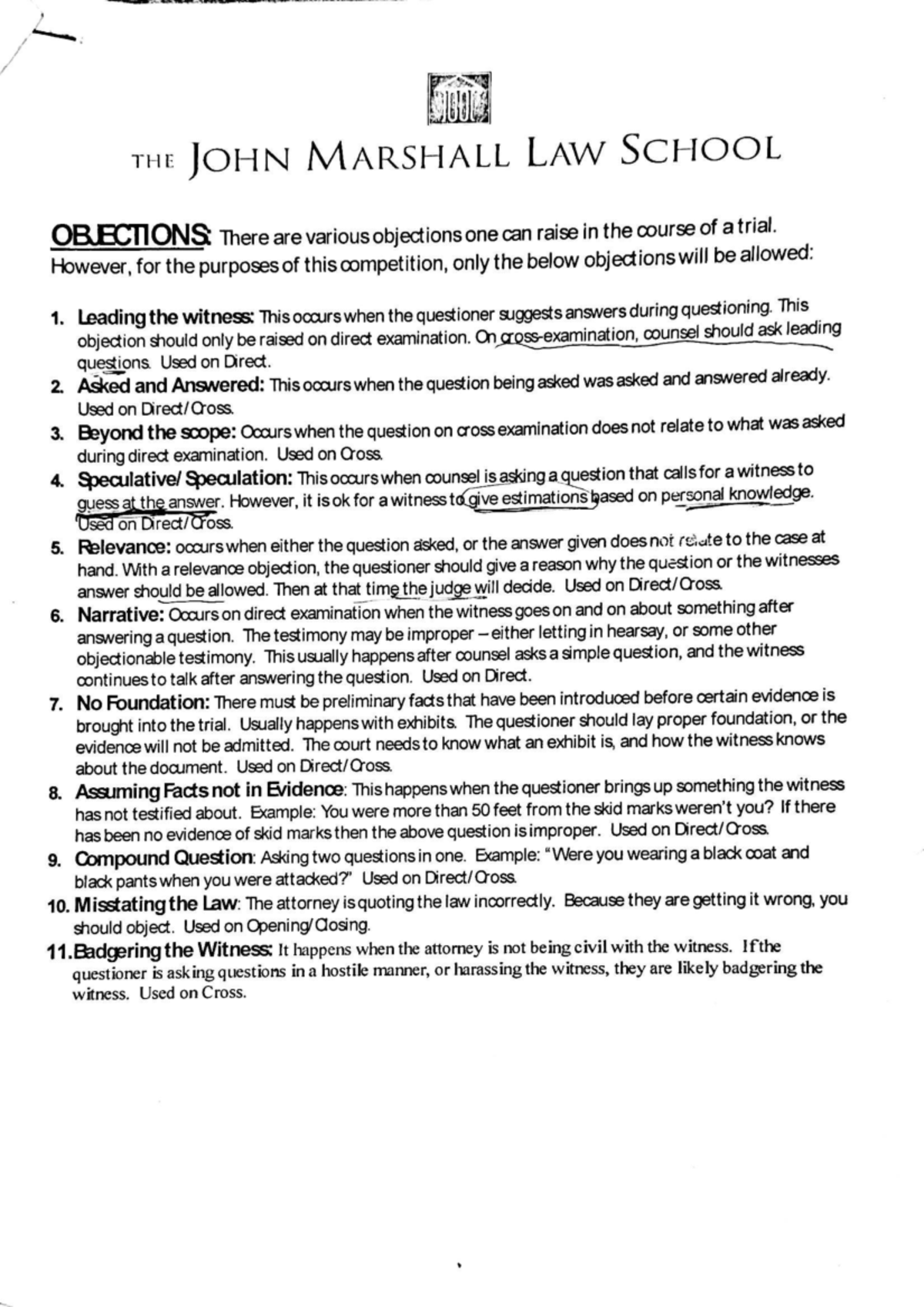 Trial Objections Guide: Key Points and Procedures at JMLS - Studocu