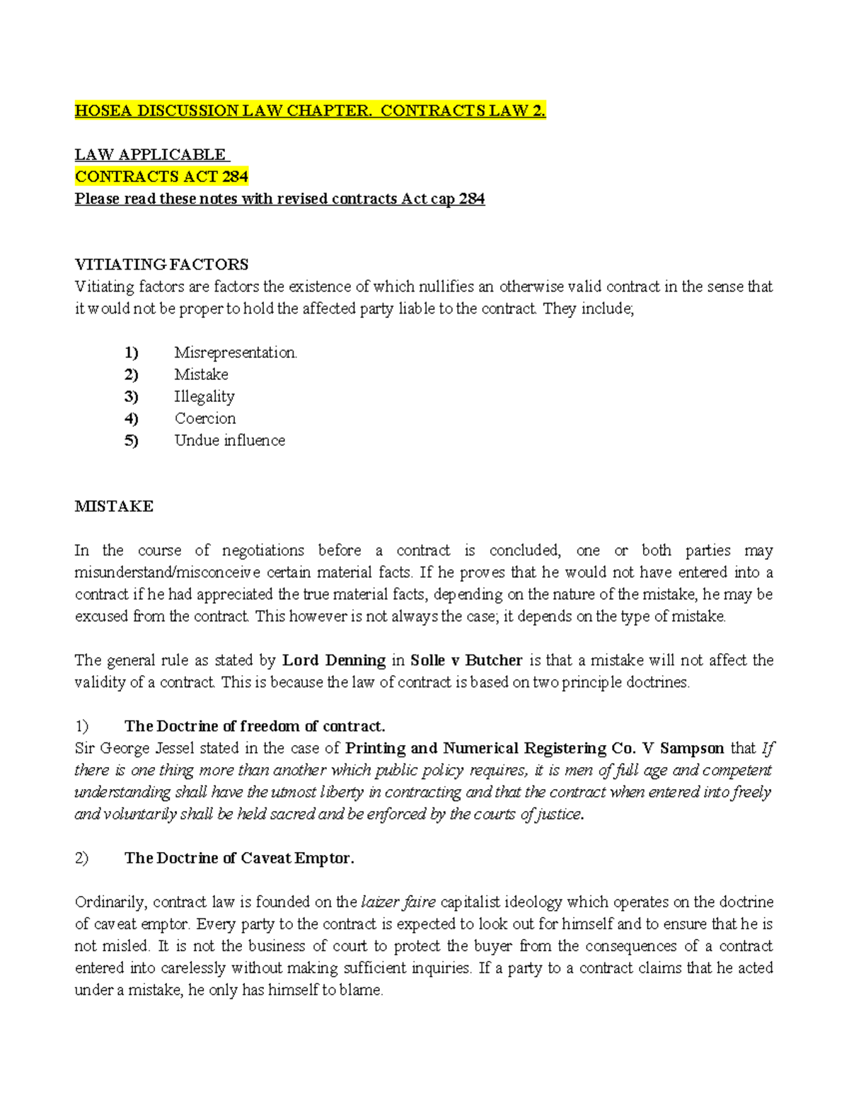 Contract Law 2: Vitiating Factors & Mistakes in Contracts - Studocu