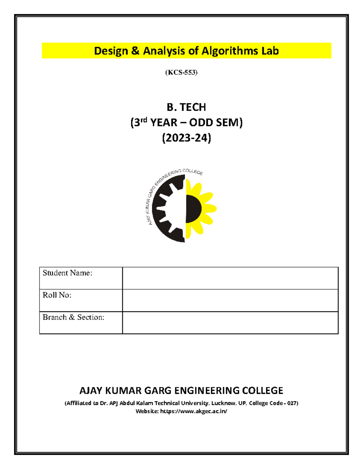 DAA Lab Exp 1-5 - Practicals of DAA - Design & Analysis of Algorithms Lab (KCS- 553 ) B. TECH ...