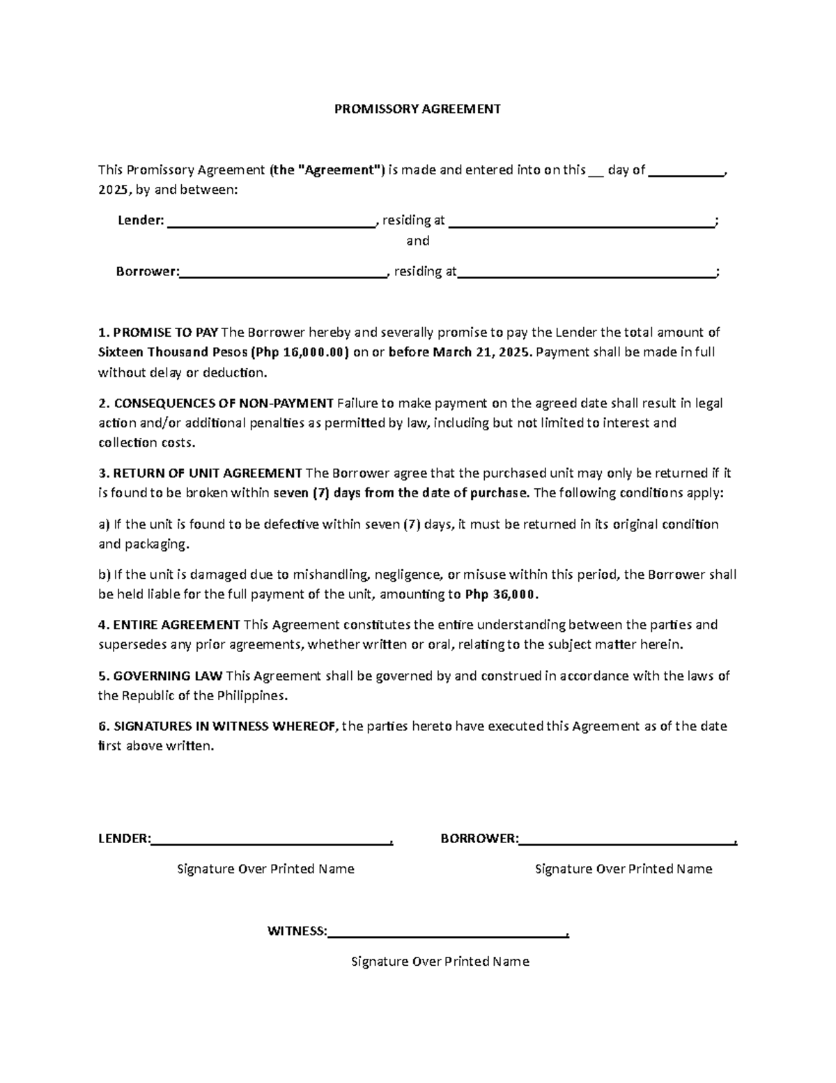Promissory Agreement No. 3 for Php 16,000 Loan Terms and Conditions ...