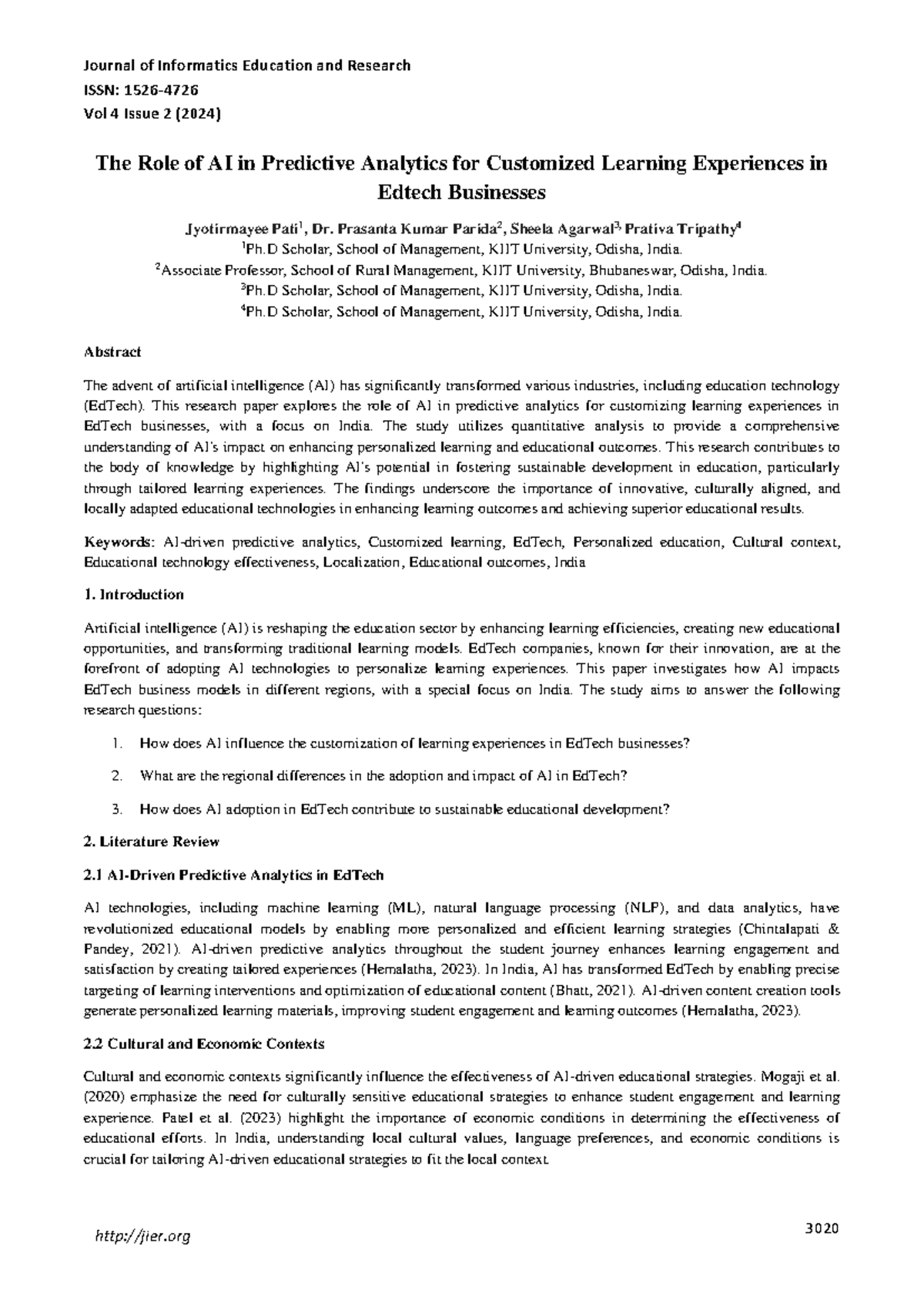 The Role of AI in Predictive Analytics for Customized Learning in EdTech (JIER - Studocu