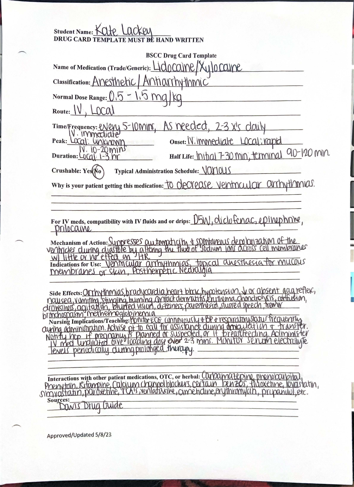 BSCC Drug Card: Lidocaine - Anesthetic & Antiarrhythmic Details - Studocu
