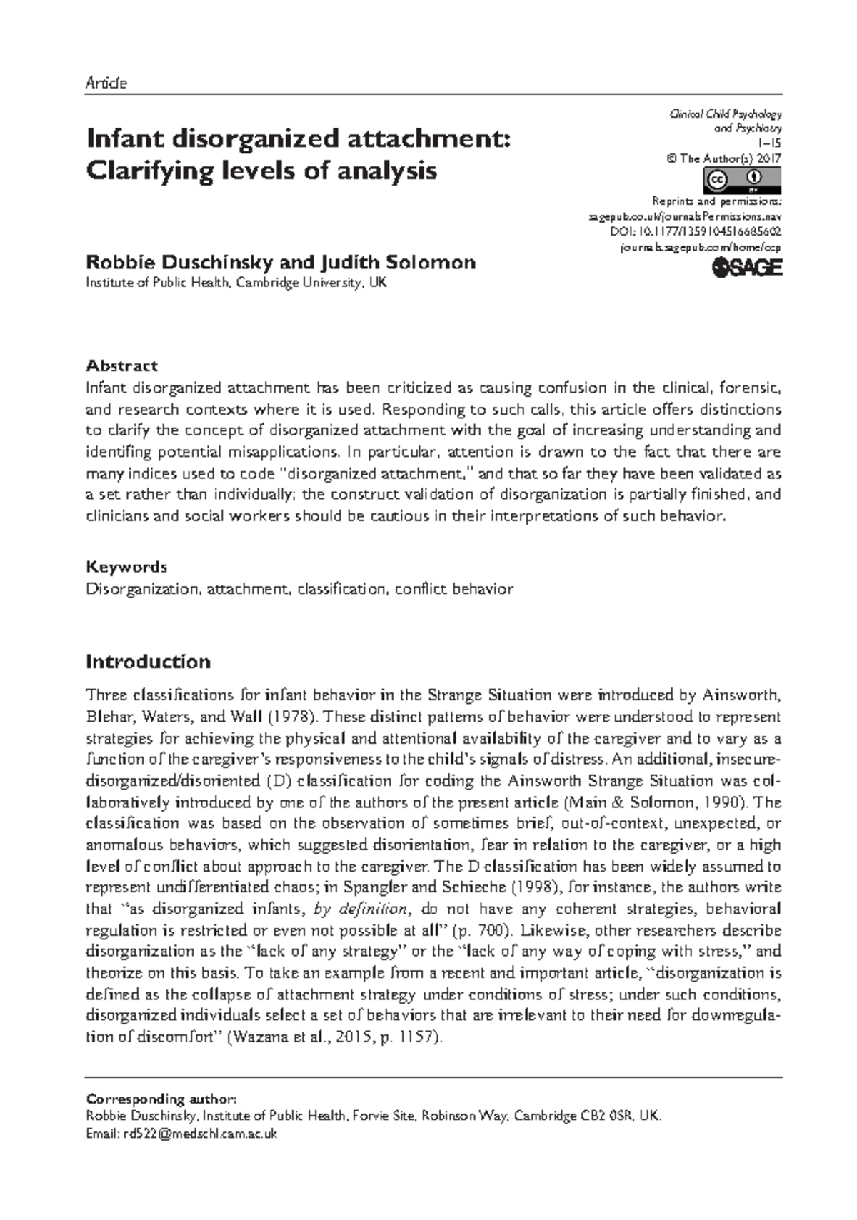 Infant Disorganized Attachment: Clarifying Levels of Analysis Insights ...