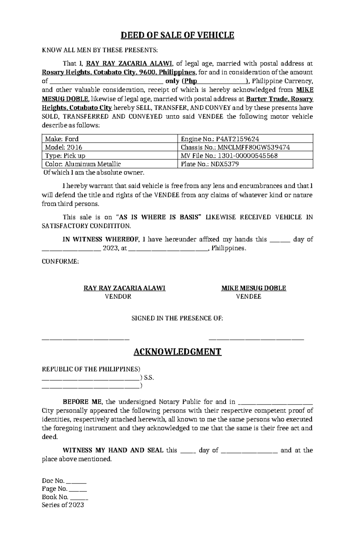 DEED OF SALE OF VEHICLE - RAY RAY ZACARIA ALAWI & MIKE MESUG DOBLE ...