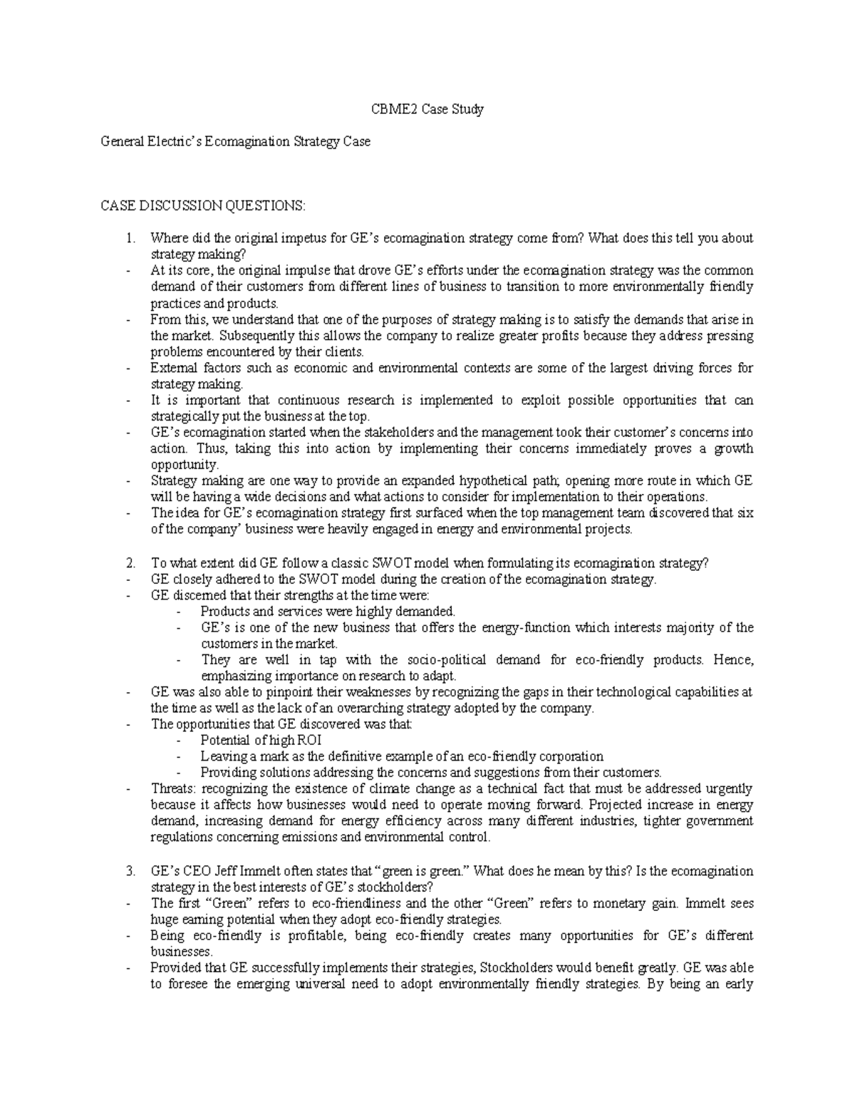 CBME2 Case Study: General Electric's Ecomagination Strategy Analysis ...