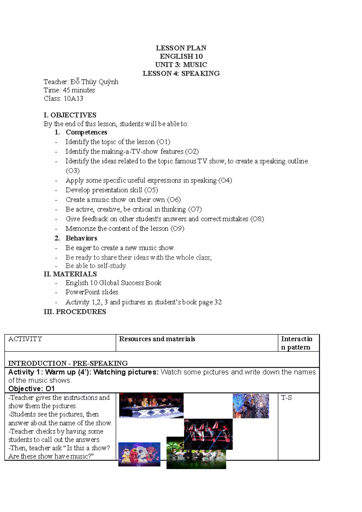 Speaking Lesson Plan for English 10 - Unit 3: Music, Lesson 4 - Studocu