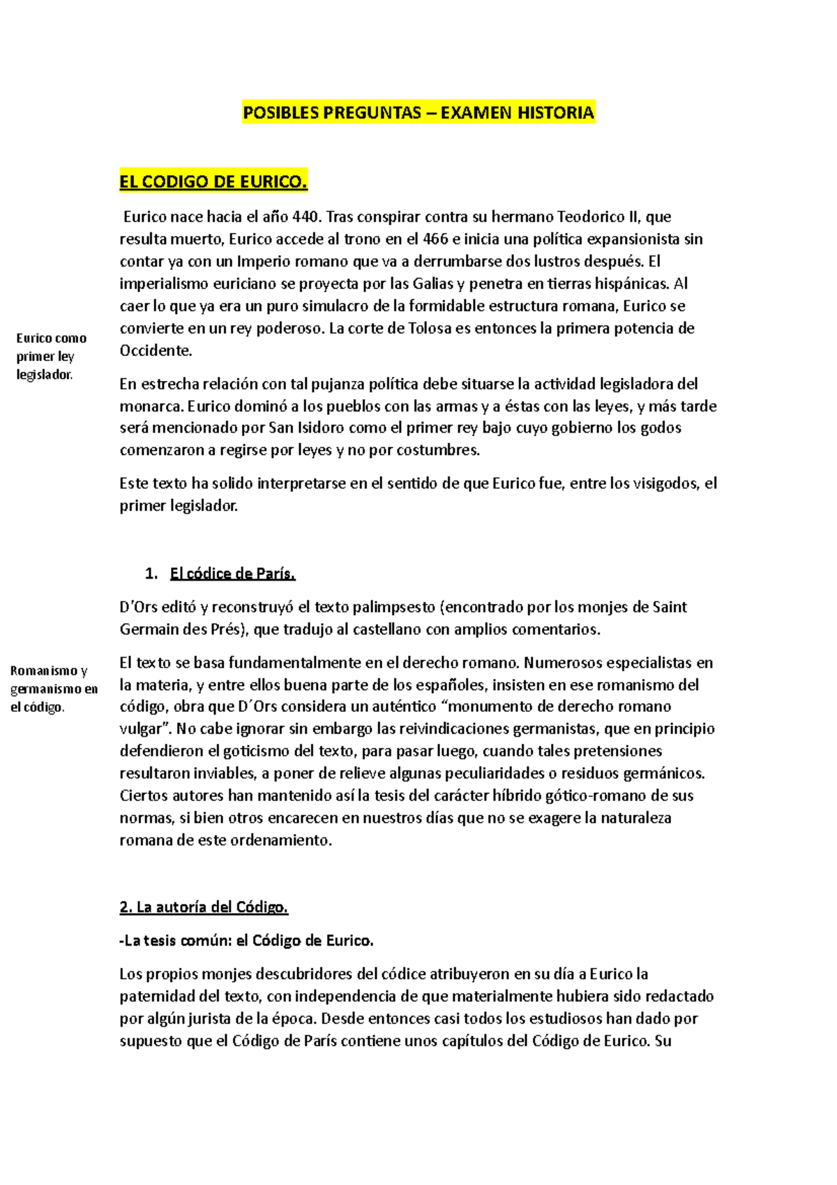 Examen, preguntas - POSIBLES PREGUNTAS – EXAMEN HISTORIA EL CODIGO DE ...