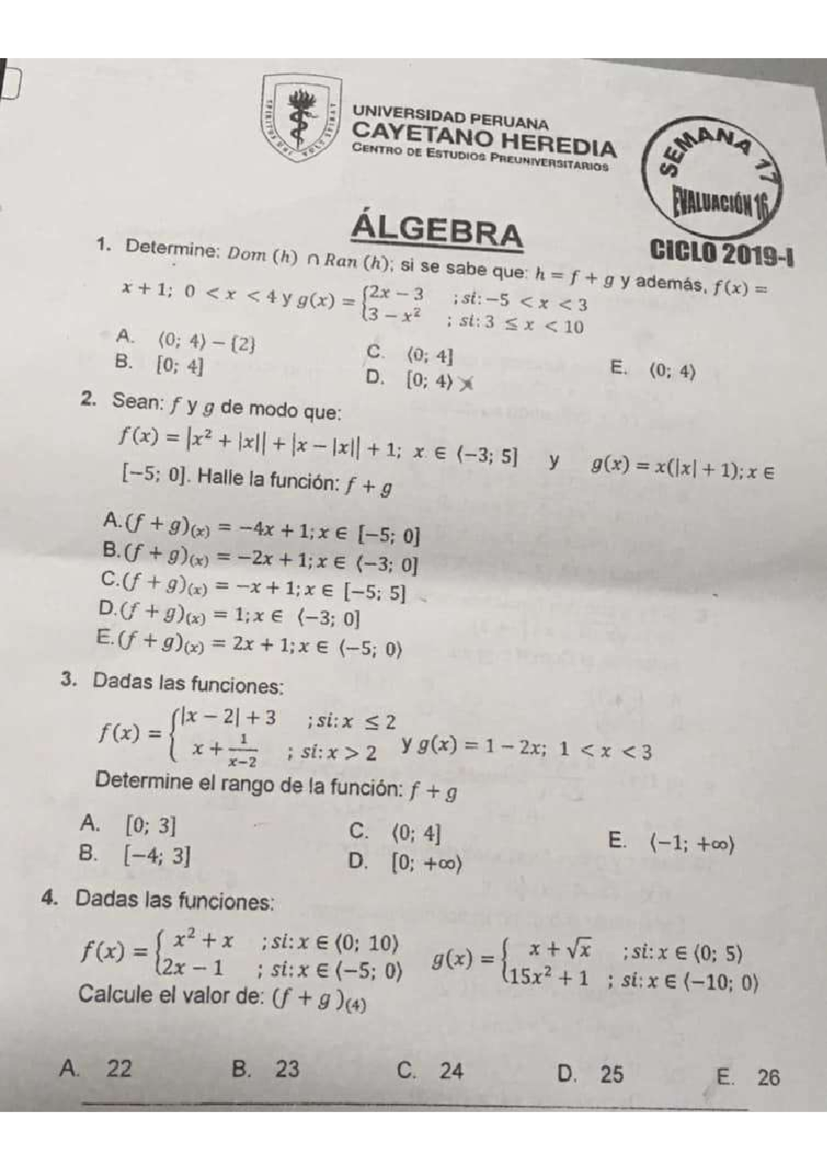Examen Pre Universitario (UPCH) - Evaluación 16 de Álgebra - Studocu