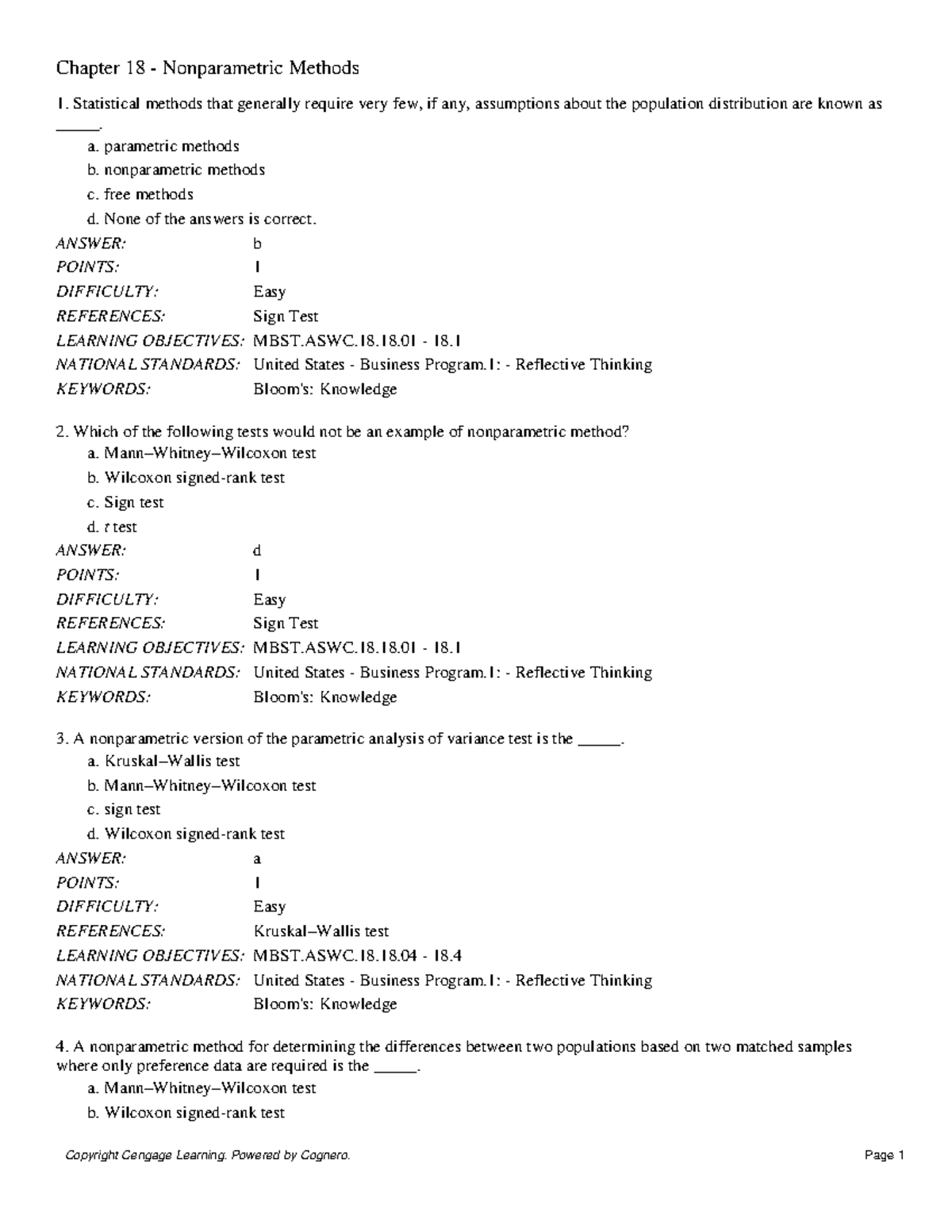 Chapter 1 Practice Test Bank: Nonparametric Methods & Sign Tests - Studocu