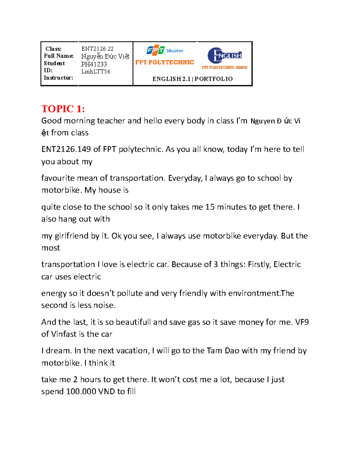 Tieng anh 2 - dvdvd - Class: Full Name: Student ID: Instructor: ENT2126 ...