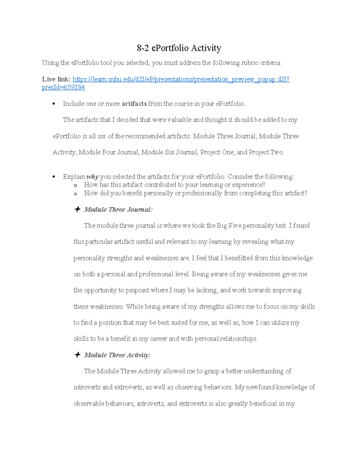 8-2 ePortfolio Activity Reflections on Selected Artifacts - Studocu
