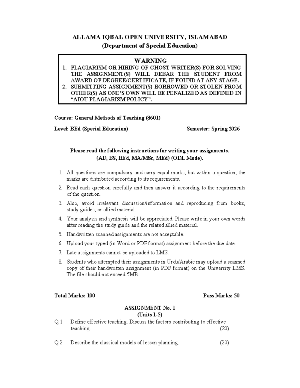8601 - BEd Special Education Assignment Guidelines for Spring 2026 ...