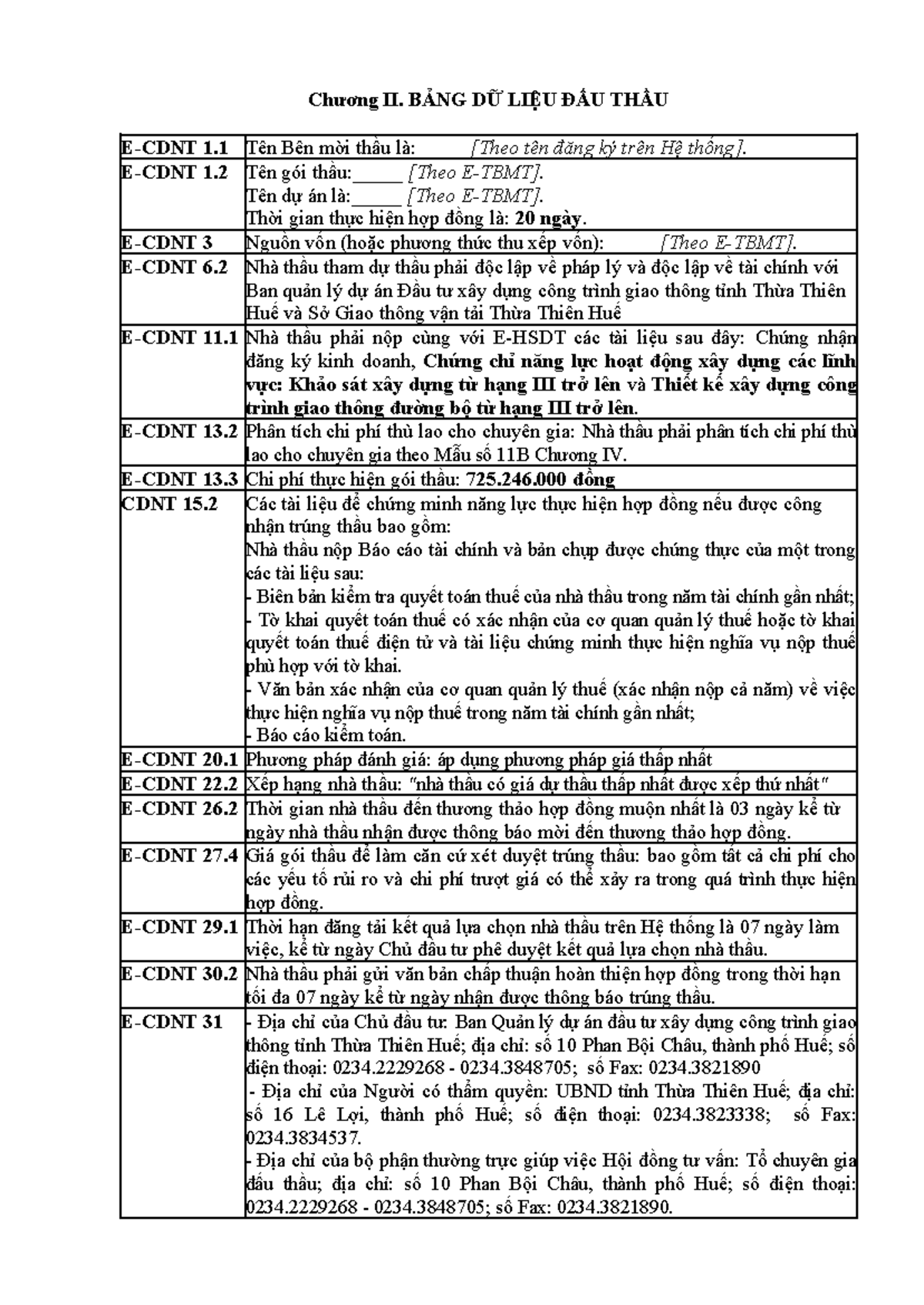 Bảng Dữ Liệu Đấu Thầu Chương II - E-CDNT 2021 05 - Studocu