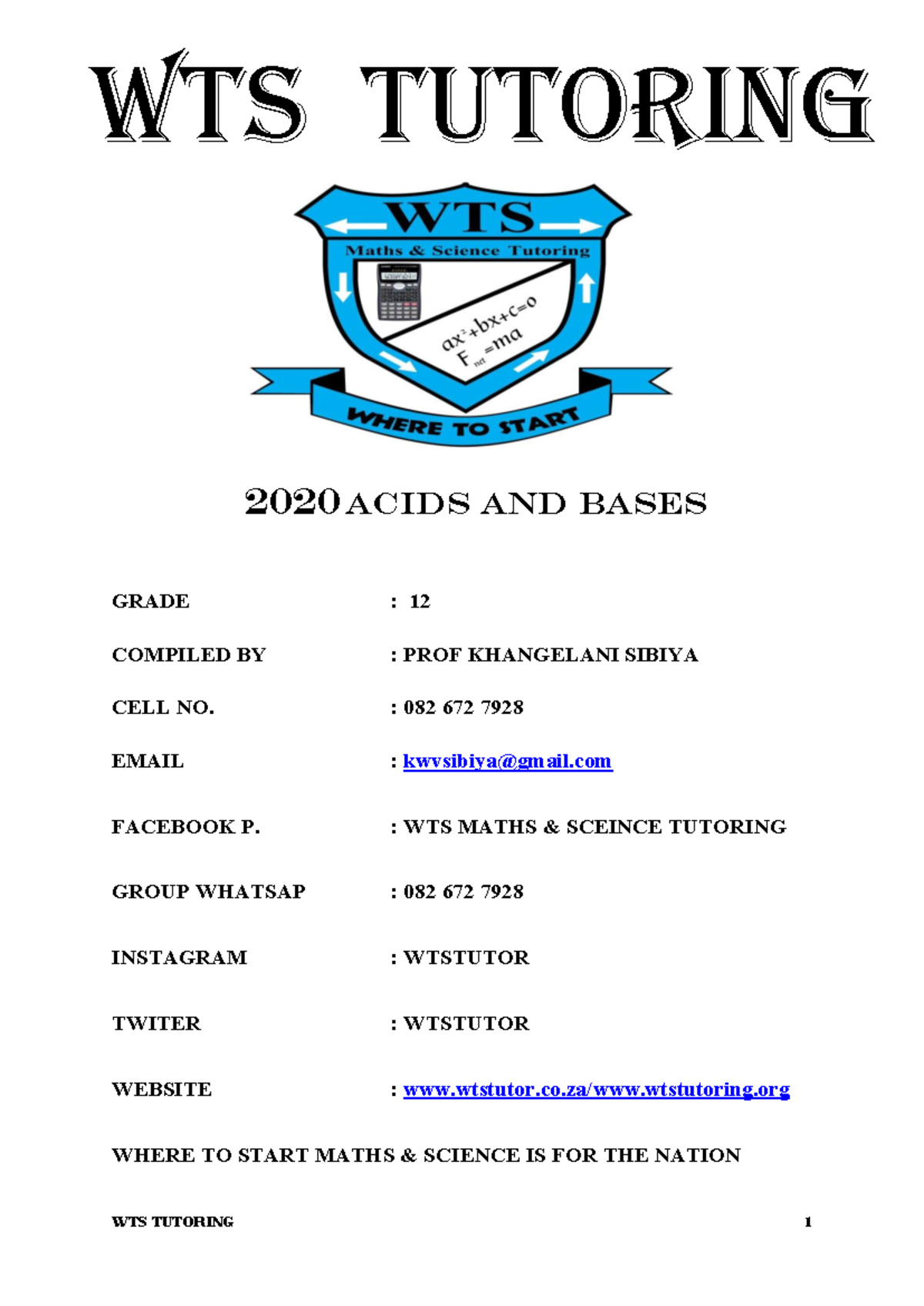 Grade 12 WTS 2020 Acids and Bases Study Notes - Studocu