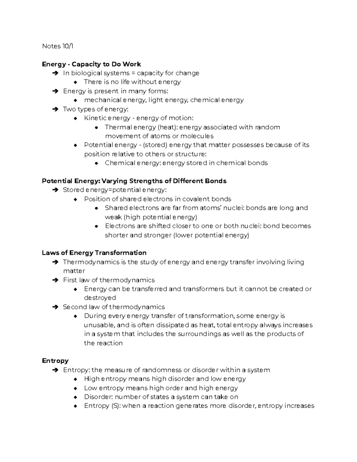 BIO 101 Energy - Google Docs - Notes 10/ Energy - Capacity to Do Work ...