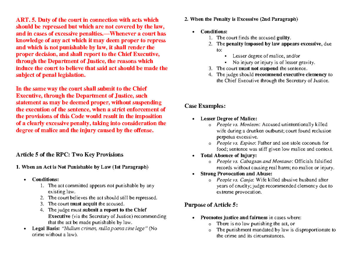 Article 5 - Court Duties on Excessive Penalties & Non-Punishable Acts ...