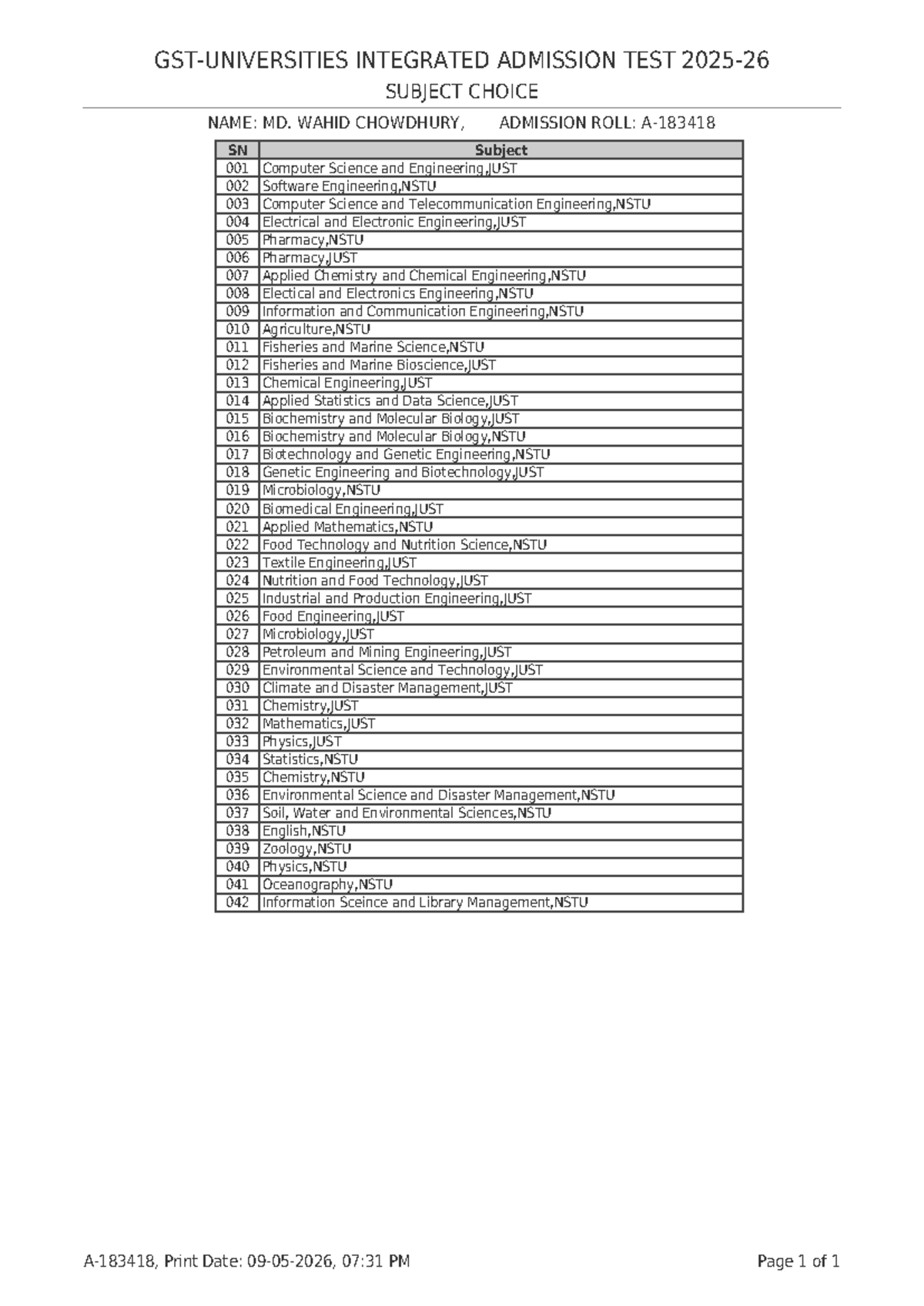Integrated Admission Test Subject Choices for MD. Wahid Chowdhury - Studocu