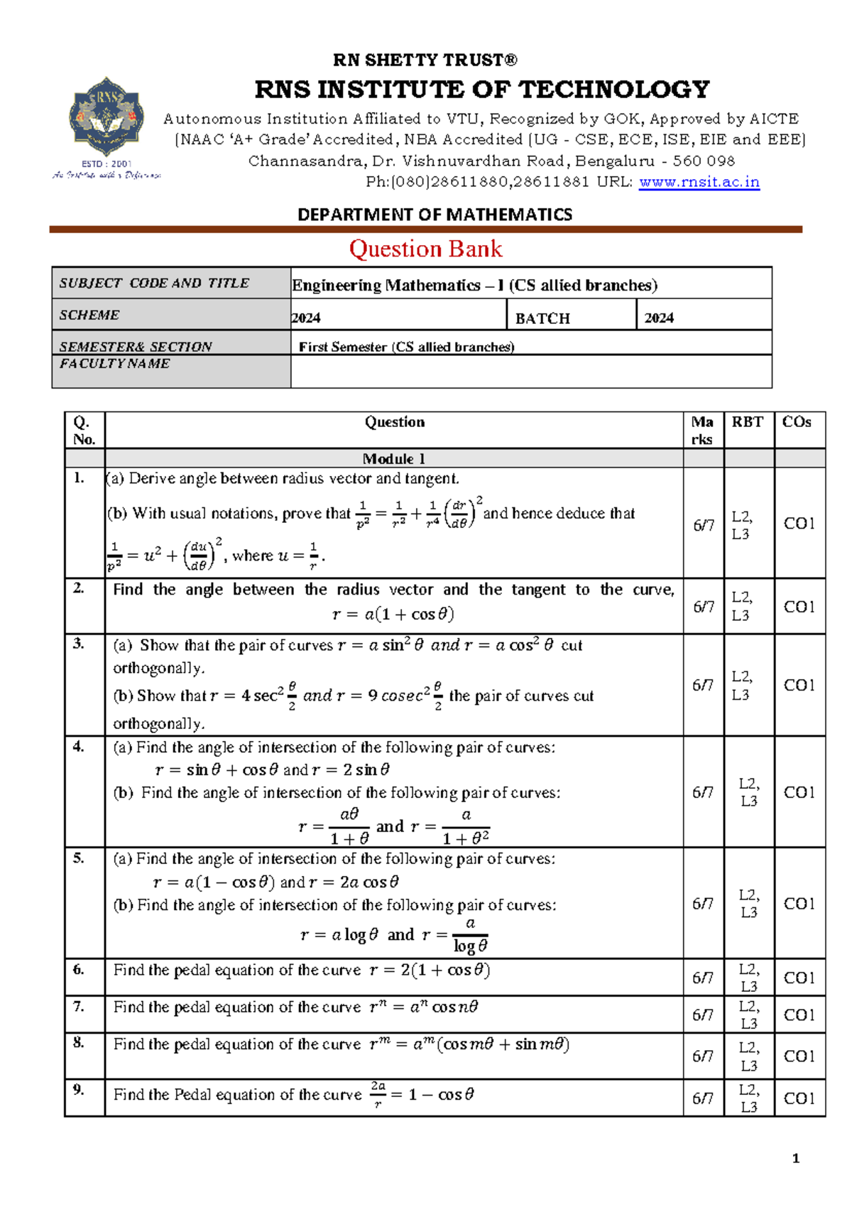 Question Bank (24 Bmats 101) - RN SHETTY TRUST® RNS INSTITUTE OF ...