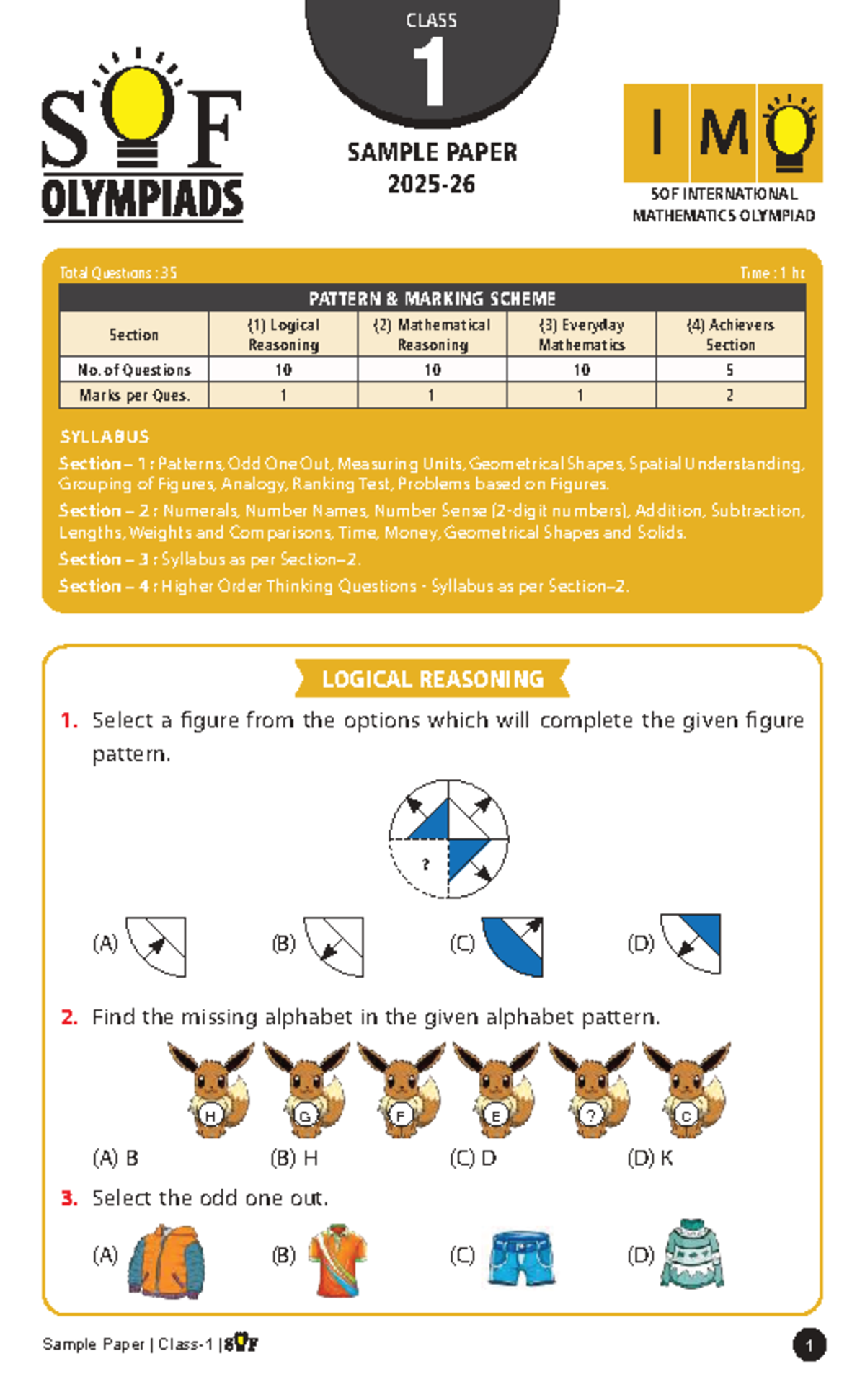 CLASS 1 SAMPLE PAPER SOF INTERNATIONAL MATHEMATICS OLYMPIAD 2025-26 ...